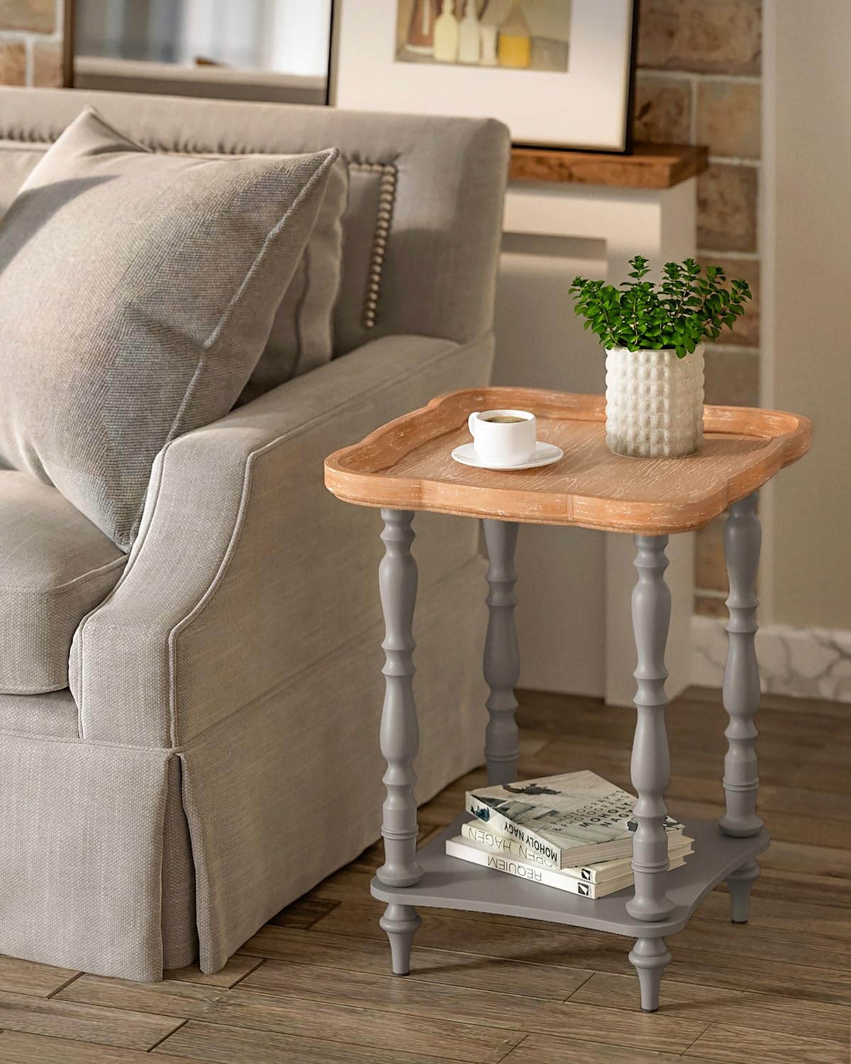 VONLUCE French Country End Table, 19'' Square Farmhouse Side Table, Distressed Wood Tray Top Rustic Accent Table for Living Room Bedroom, Small Space, Beige