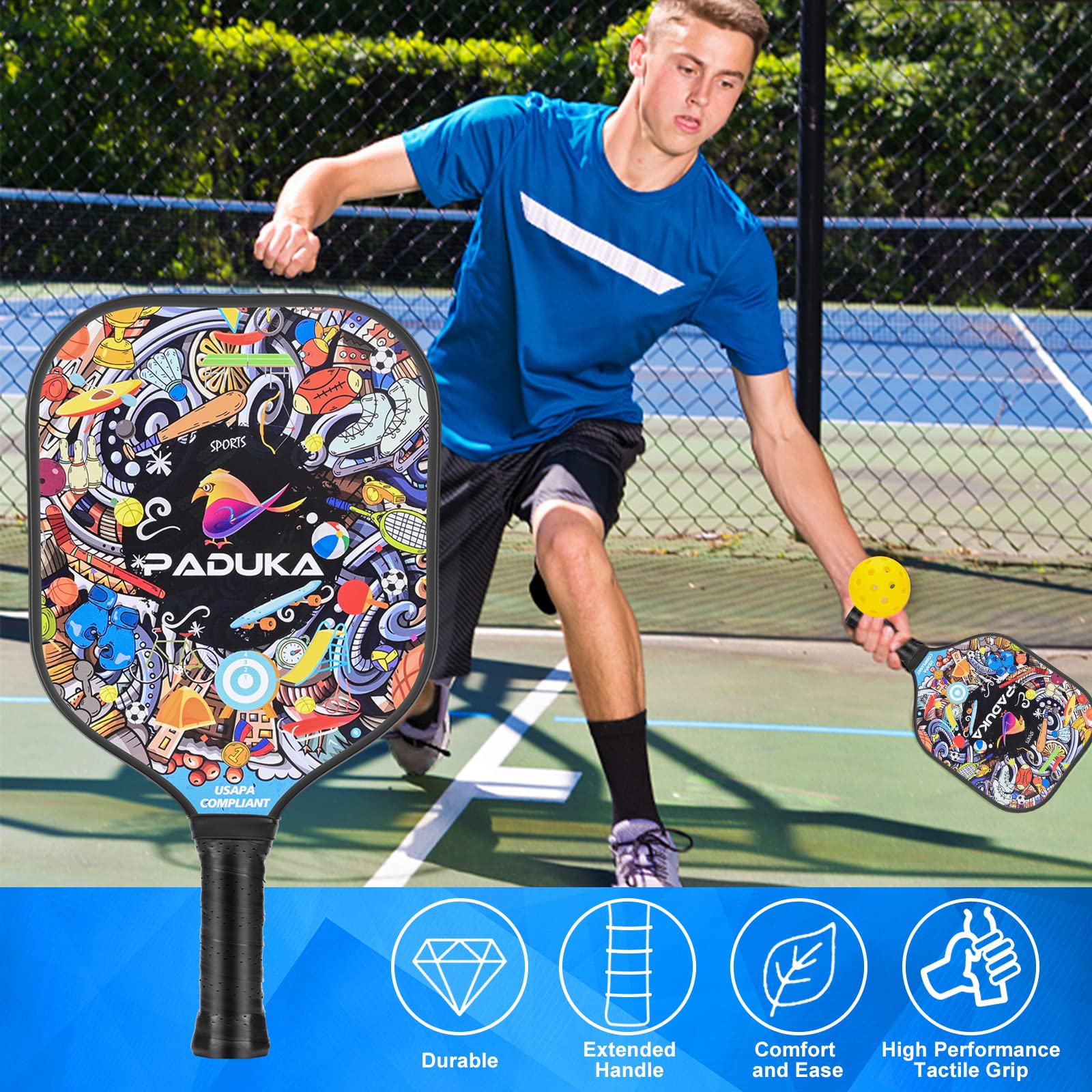 Graphite Pickleball Paddles Set, Lightweight Carbon Fiber Pickleball Racket with Cover and Balls, for Beginners and Pros Players