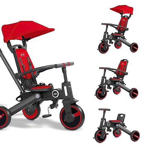Newtronx Trixplorer-7 in 1 Foldable Toddler Tricycle Removable Push Handle, Rotatable Seat, Adjustable Canopy, Safety Harness, Storage, Basket-Tricycle for Toddlers for 1-5 Year Old (Red Heart)