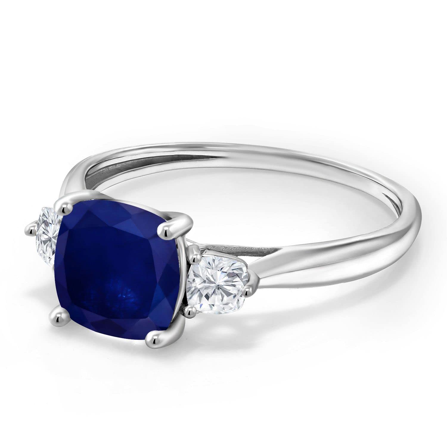 Gem Stone King 10K White Gold Blue Sapphire and White Moissanite 3-Stone Engagement Ring | 2.26 Cttw | Cushion 7MM | 3 Stone Wedding Anniversary Promise Gold Ring For Women (Size 8)