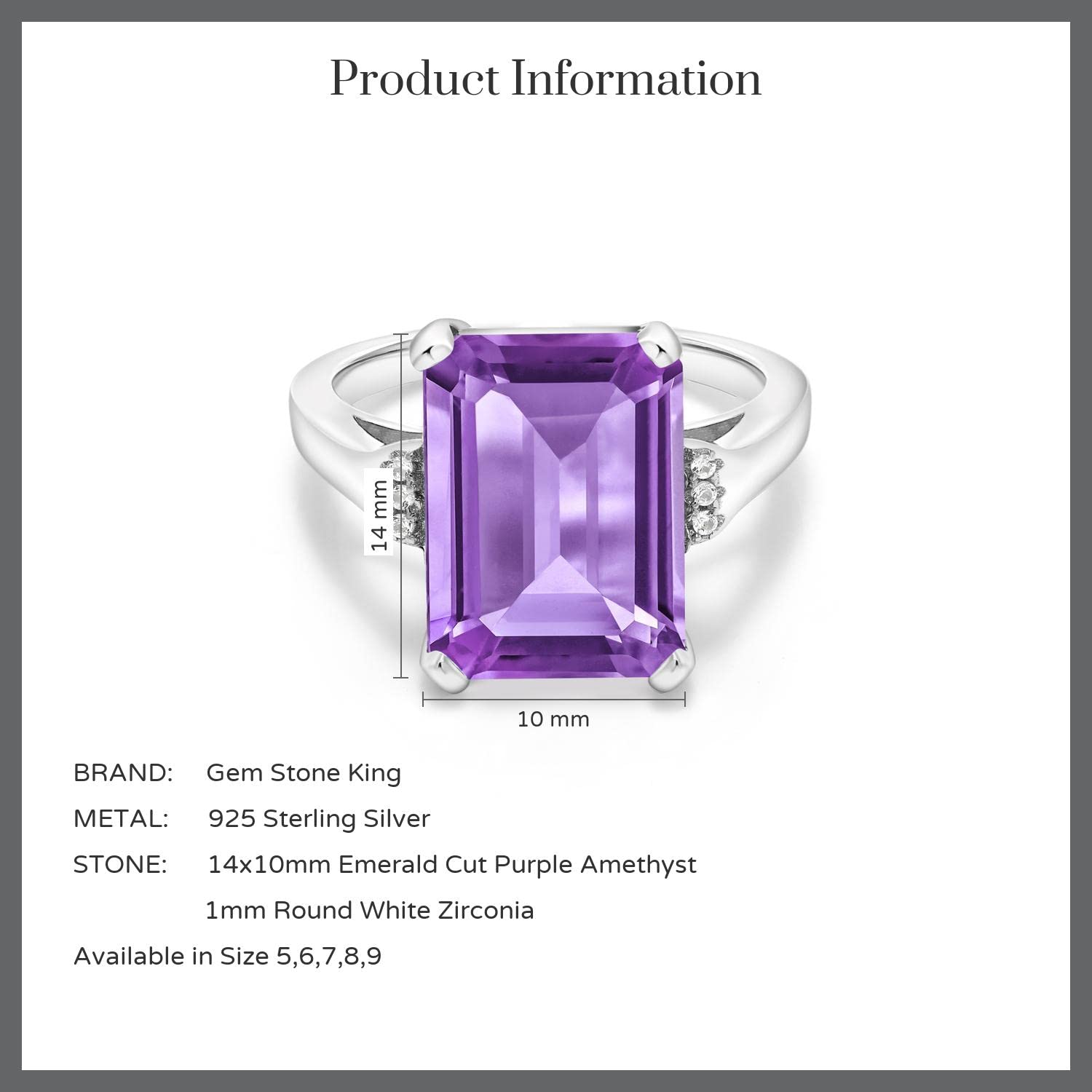 Gem Stone King 925 Sterling Silver Purple Amethyst Engagement Ring For Women (6.32 Cttw, Emerald Cut 14X10MM, Gemstone Birthstone, Available in size 5, 6, 7, 8, 9)