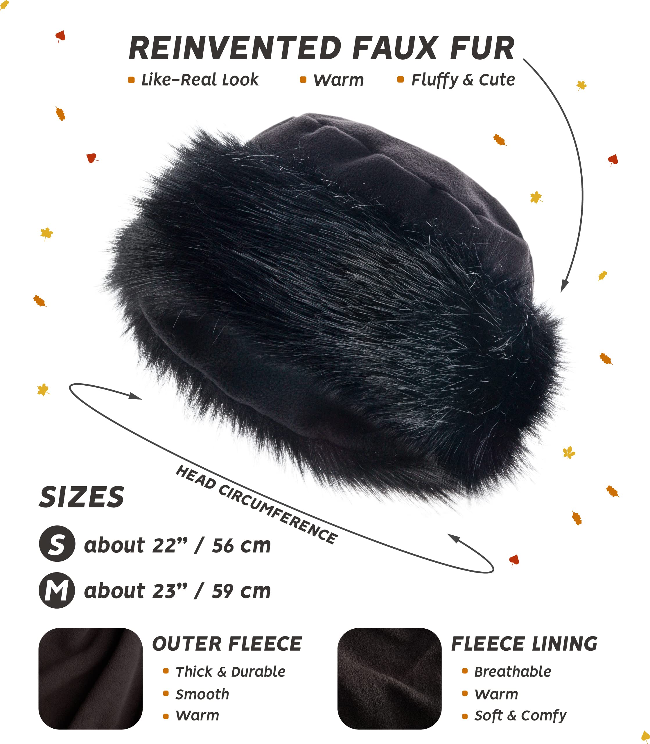 Futrzane Classic Trim Hat - Faux Fur Trimmed Hats for Women - Classy Fleece Cap (M, Black - Black Classic)