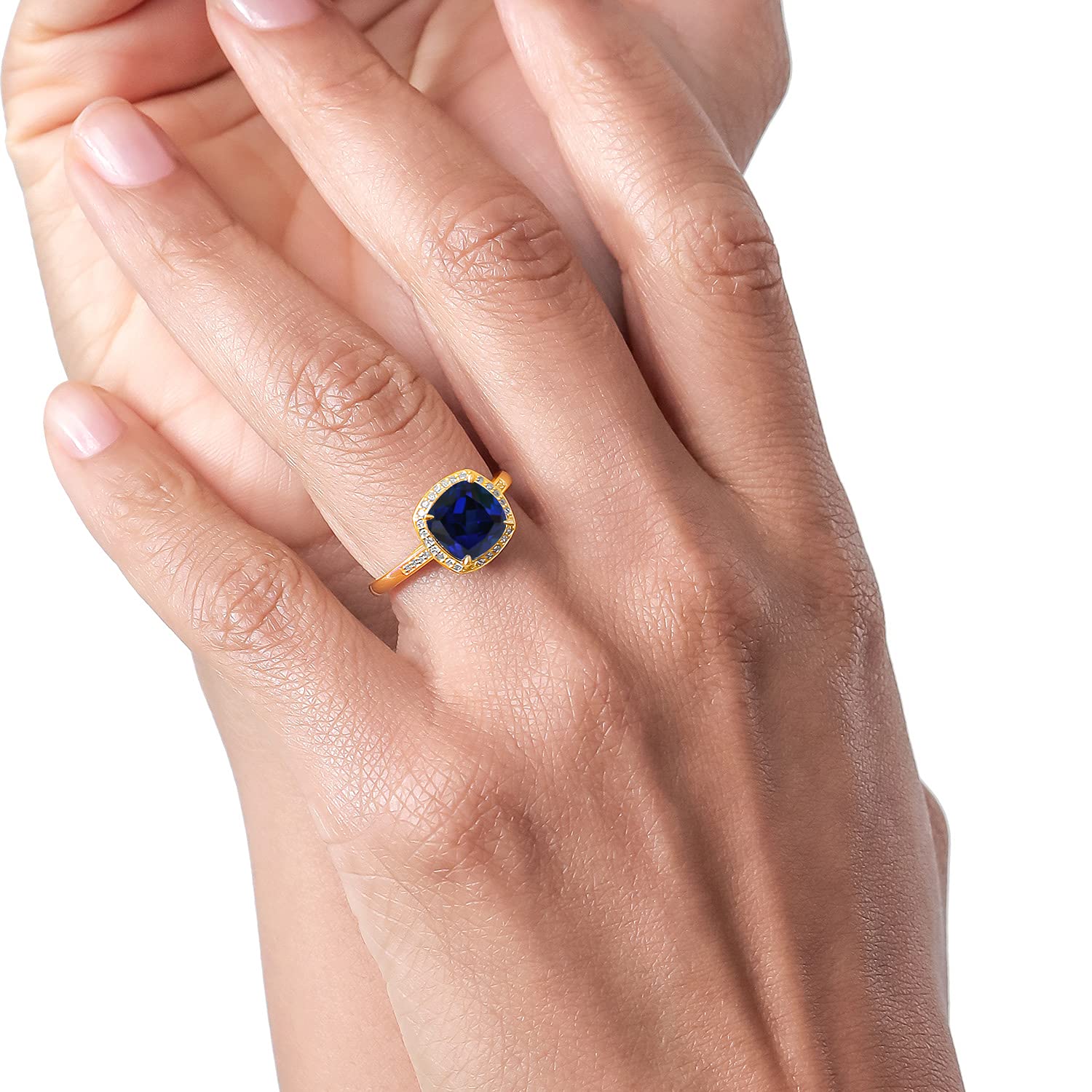 Gem Stone King 10K Yellow Gold Blue Created Sapphire and Diamond Engagement Ring For Women | 2.50 Cttw | Cushion 8MM | Yellow Gold Ring | Available in size 5, 6, 7, 8, 9