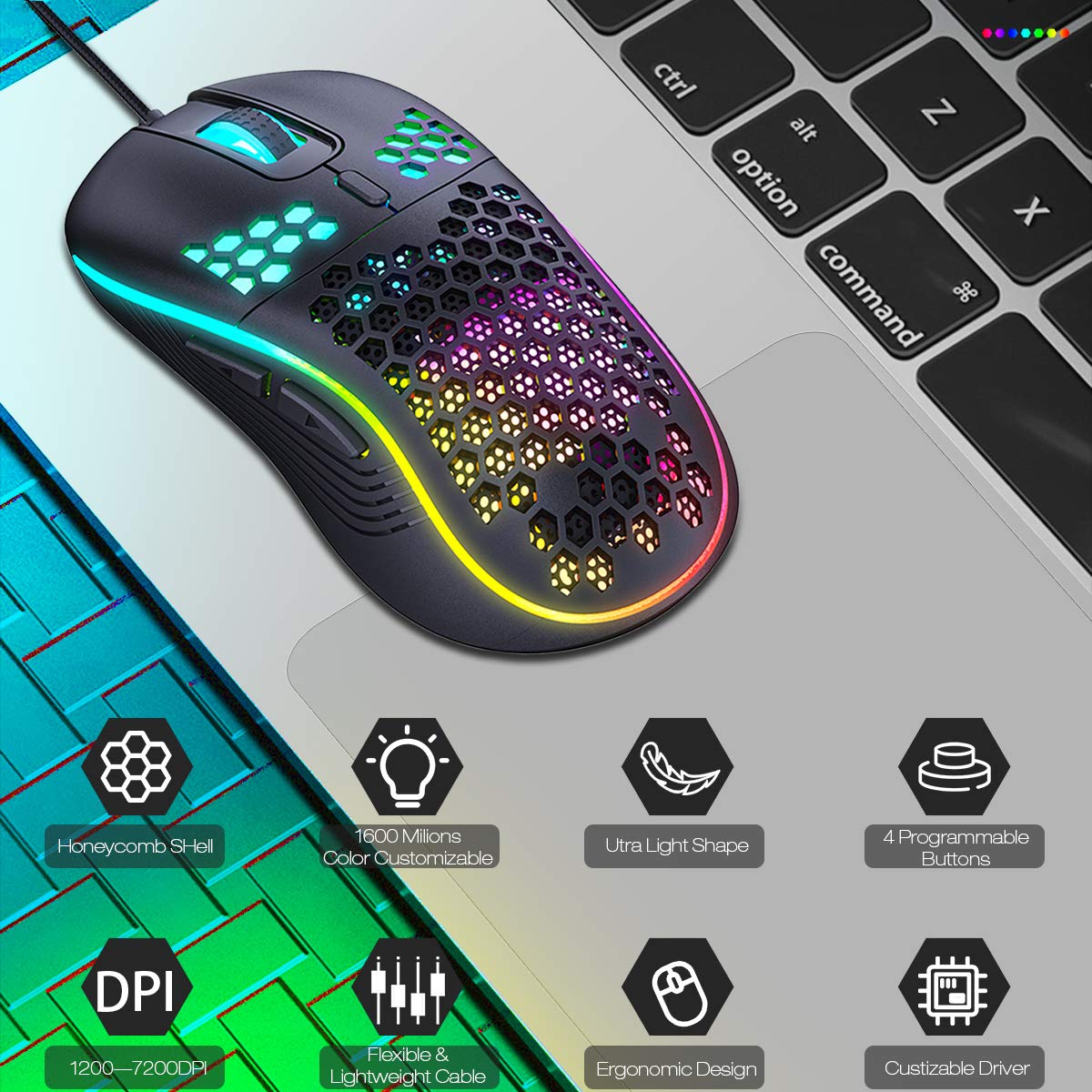 HETOETF Lightweight Gaming Mouse, Wired USB PC Gaming Mice with Ultralight Honeycomb Shell, RGB Chroma LED Light, 7200 DPI Adjustable, Programmable 6 Buttons Mouse for Windows 7/8/10/XP