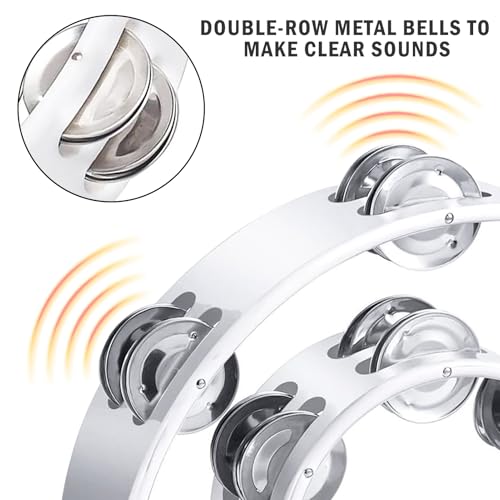 Half Moon Tambourine - Musical Instrument Percussion with Steel Jingle Bells for Drum & Guitar Playing (White)