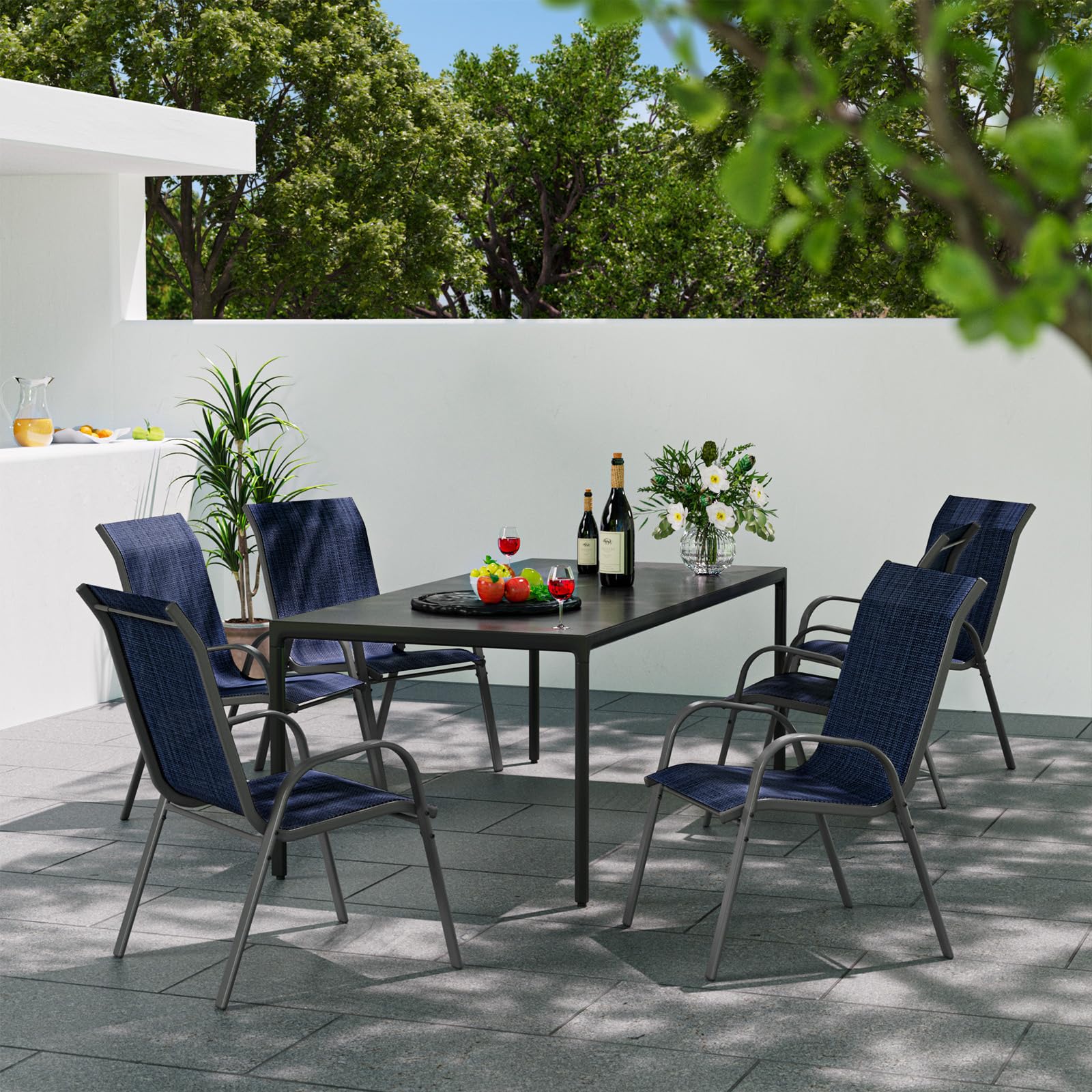 VONZOY Patio Dining Chairs Set of 6, Outdoor High Stacking Chairs,Breathable Seat Fabric and Alloy Steel Frame for Backyard, Porch, Garden, Sunroom (Blue)