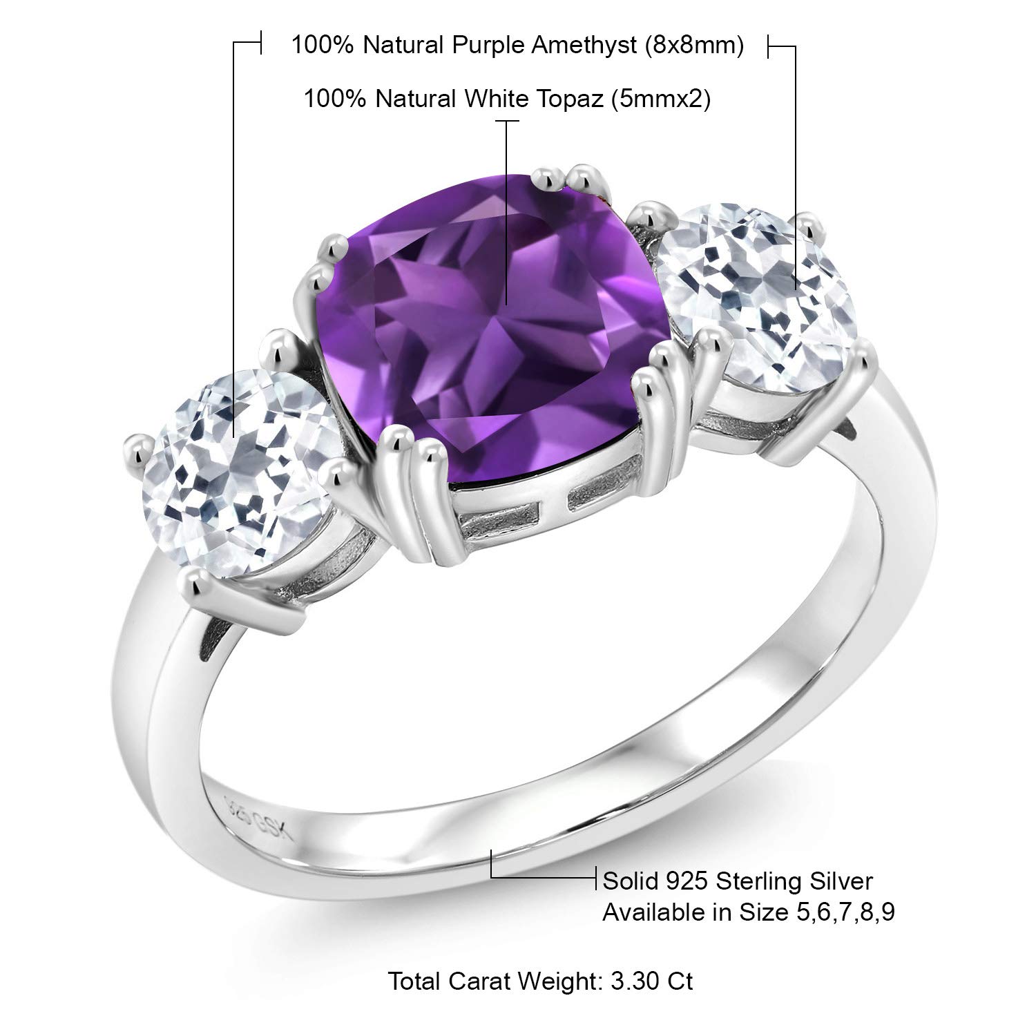 Gem Stone King 925 Sterling Silver Purple Amethyst and White Topaz 3 Stone Engagement Ring For Women (3.30 Cttw, Gemstone February Birthstone, Cushion 8MM, Size 9)