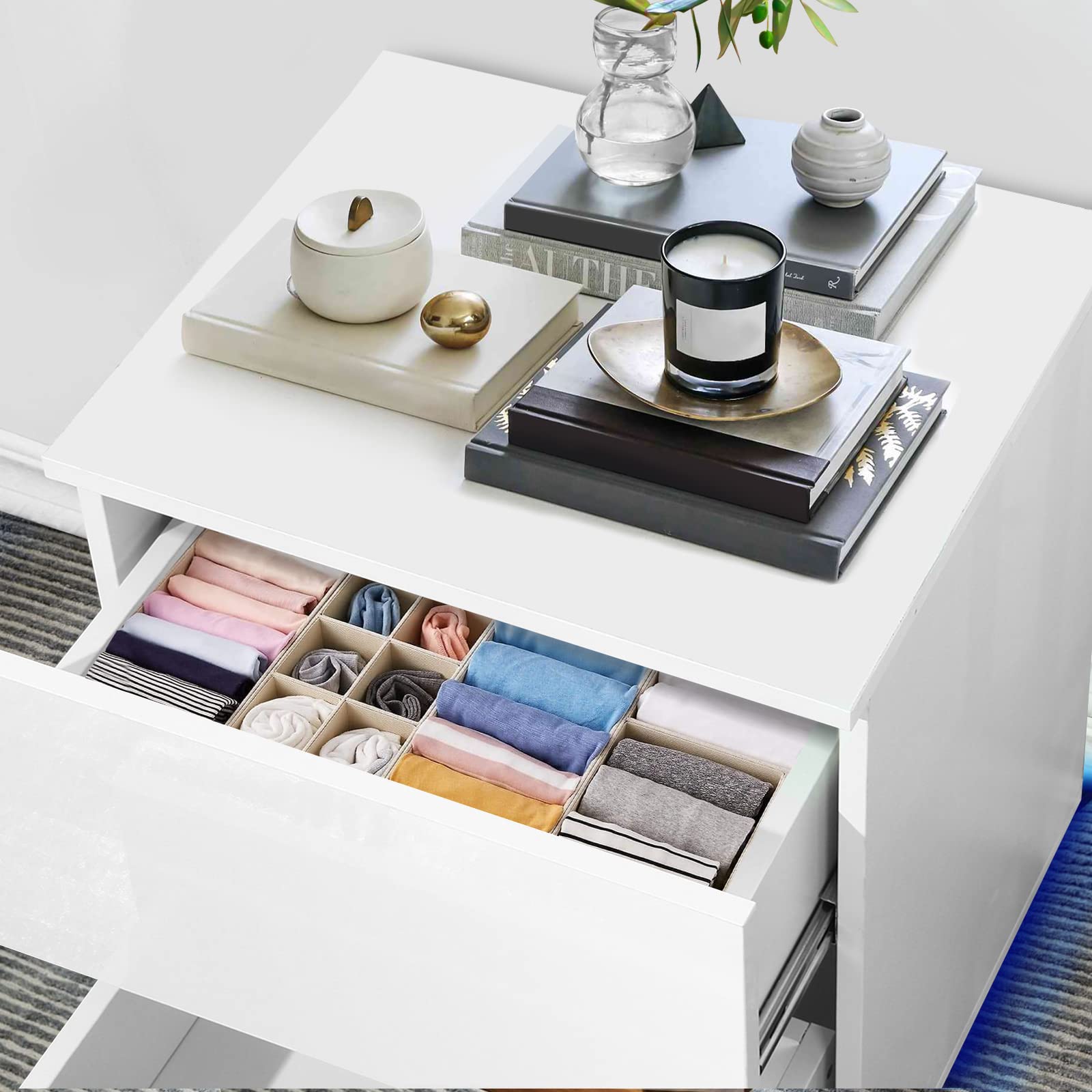 HALLOLURE LED Nightstand Modern LED Bedside Table High-end Fashion Side Table 2 High Gloss Drawers Shelf End Table Night Stand Storage Cabinet Bedroom Living Room (White)