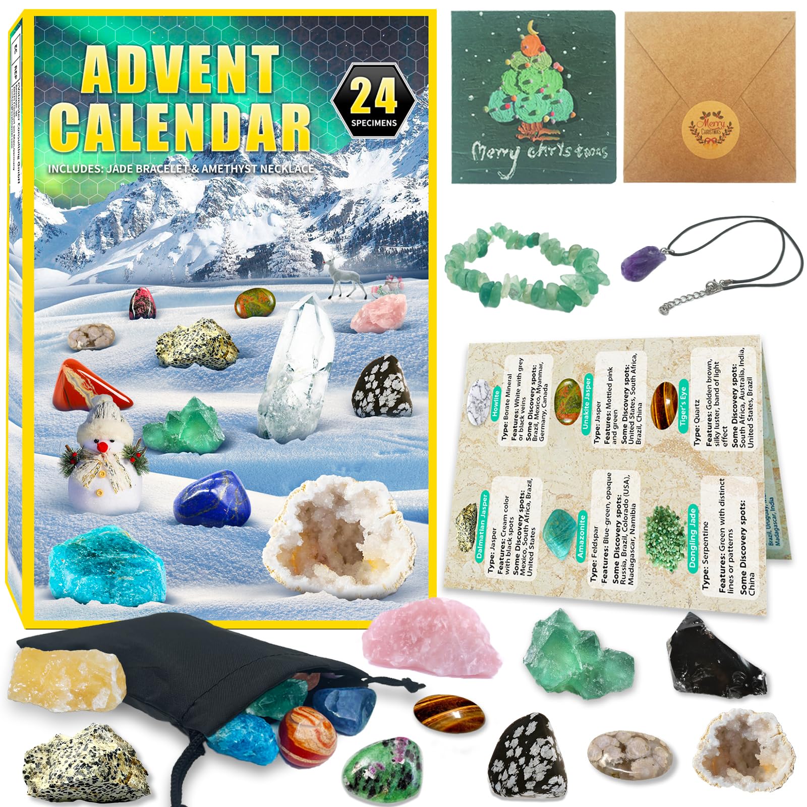 Gemstone Advent Calendar 2023, Gem Rock Advent Calendar 2023 for Kids Adults, Christmas Countdown Calendar With 24 Natural Gemstones, Including Greeting Card, Envelope, Etc