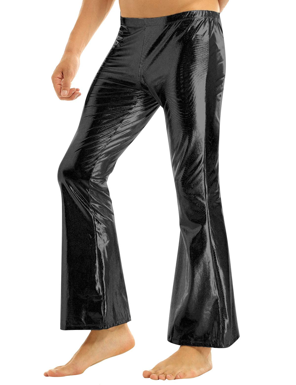 Hedmy Men's Shiny Faux Leather Disco Trousers Bell Bottoms Flared Long Pants Motorcycle Leggings Black Large