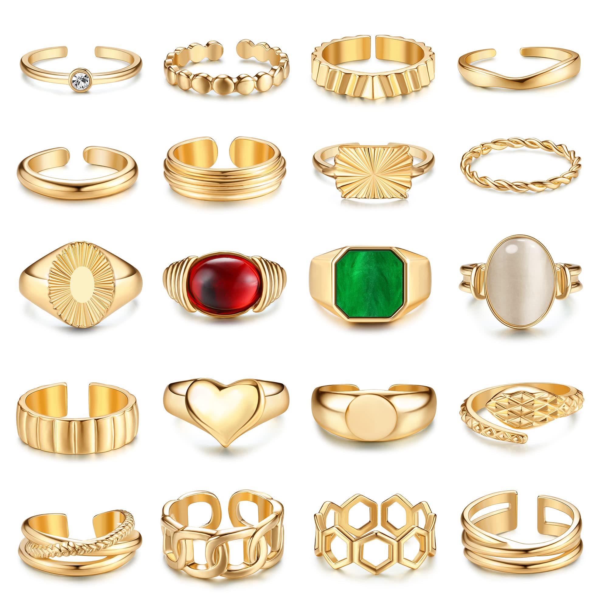 HAIAISO 20Pcs Gold Dome Chunky Rings Set for Women 18K Gold Plated Crystal Snake Heart Signet Ring Adjustable Open Band Rings Size 4-9