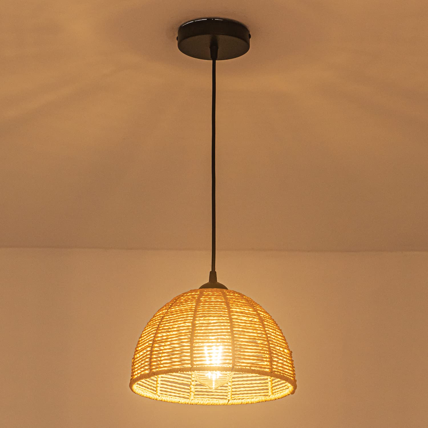 Gudicati Hand Woven Rattan Pendant Light Fixture Vintage Farmhouse 9.84" Bamboo Dome Pendant Lights Modern Retro Boho Wicker Basket Pendant Lighting for Kitchen Island, Bedroom, Dining Room, 2-Pack