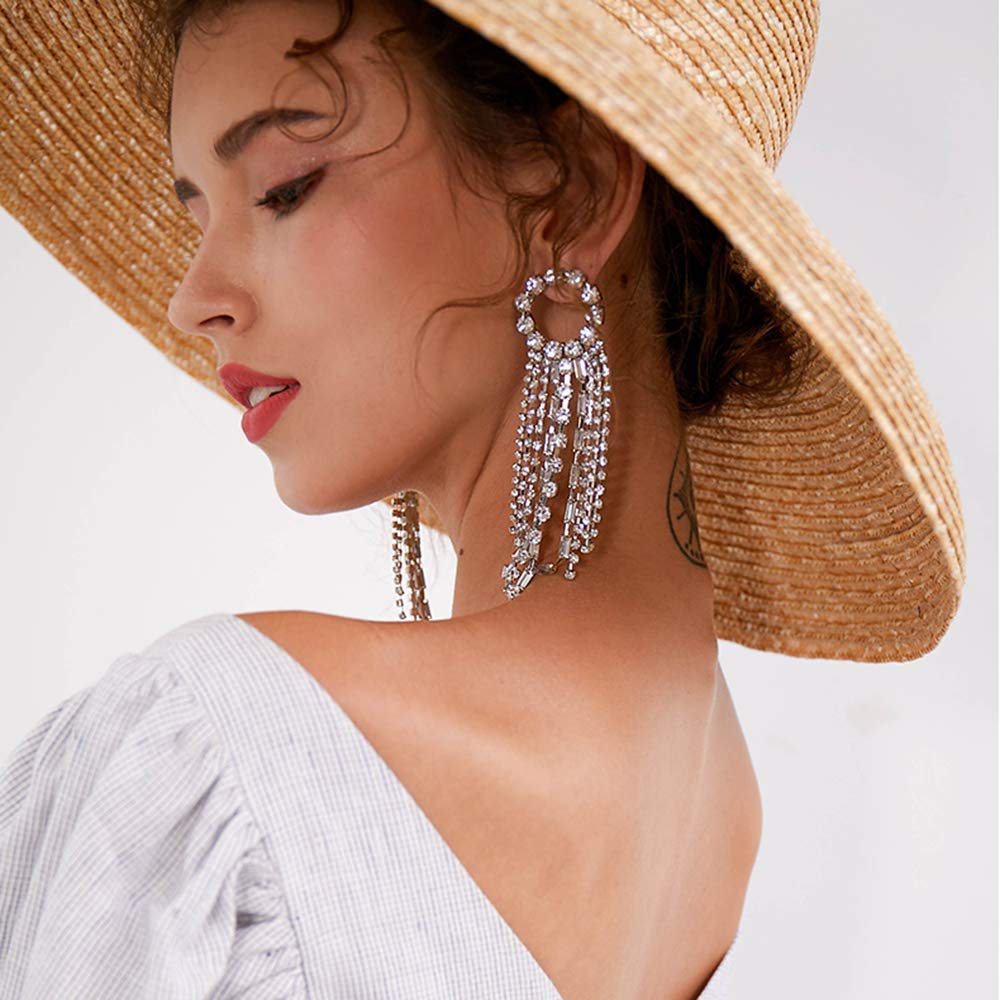 fxmimior Fashion Women Earrings Silver Tassel Full Rhinestones Ring Long Chain Drop Dangle Earrings Jewelry for Women