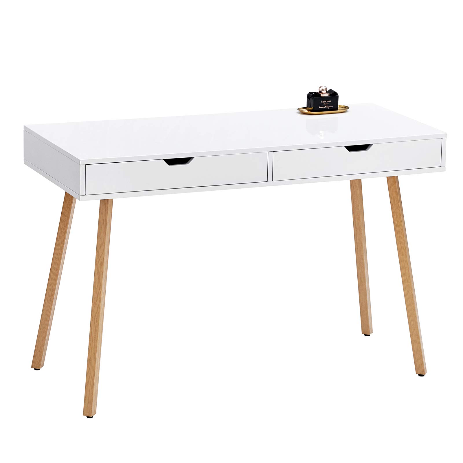 GreenForest Vanity Desk 39 inch Computer Writing Desk with Glossy White Tabletop and 2 Drawers Modern Bedroom Makeup Table Home Office Desk