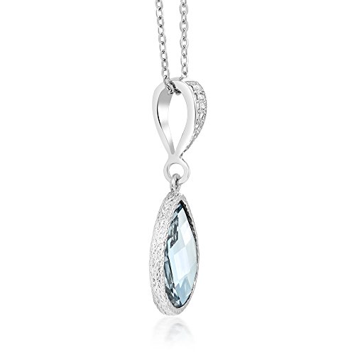Gem Stone King 925 Sterling Silver Checkerboard Simulated Aquamarine Pendant Necklace (6.20 Cttw, Pear Shaped 16X12MM, with 18 Inch Silver Chain)