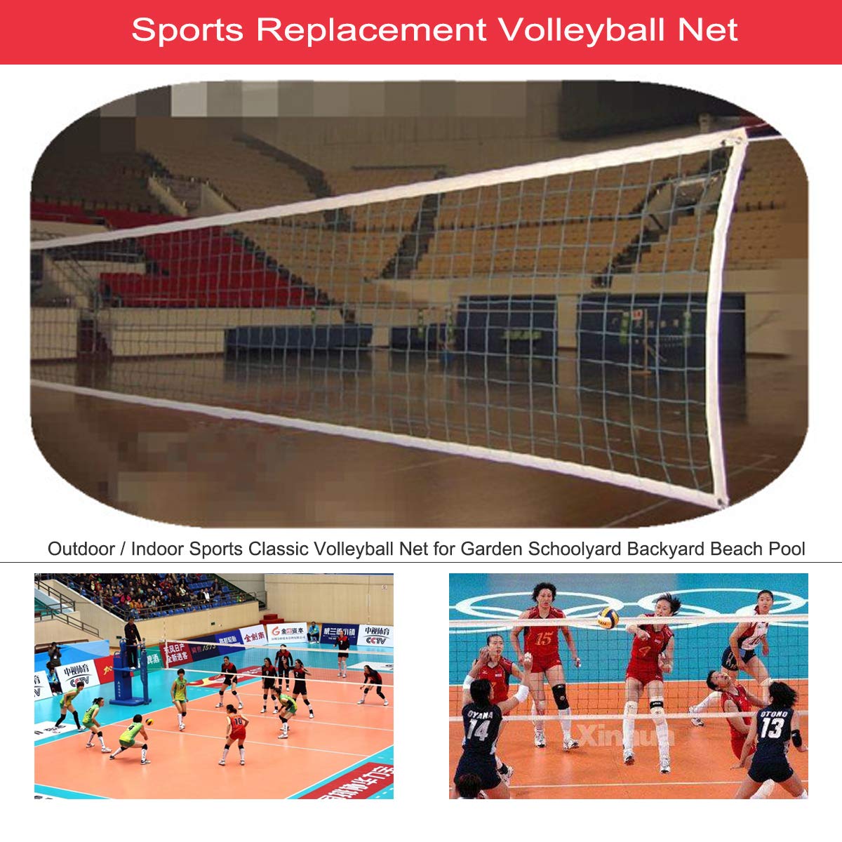 GeWeDen Volleyball Net,Classic Pool Sand Volleyball Net Replacement Netting System Standard Size (32 FT x 3 FT) Poles Not Included