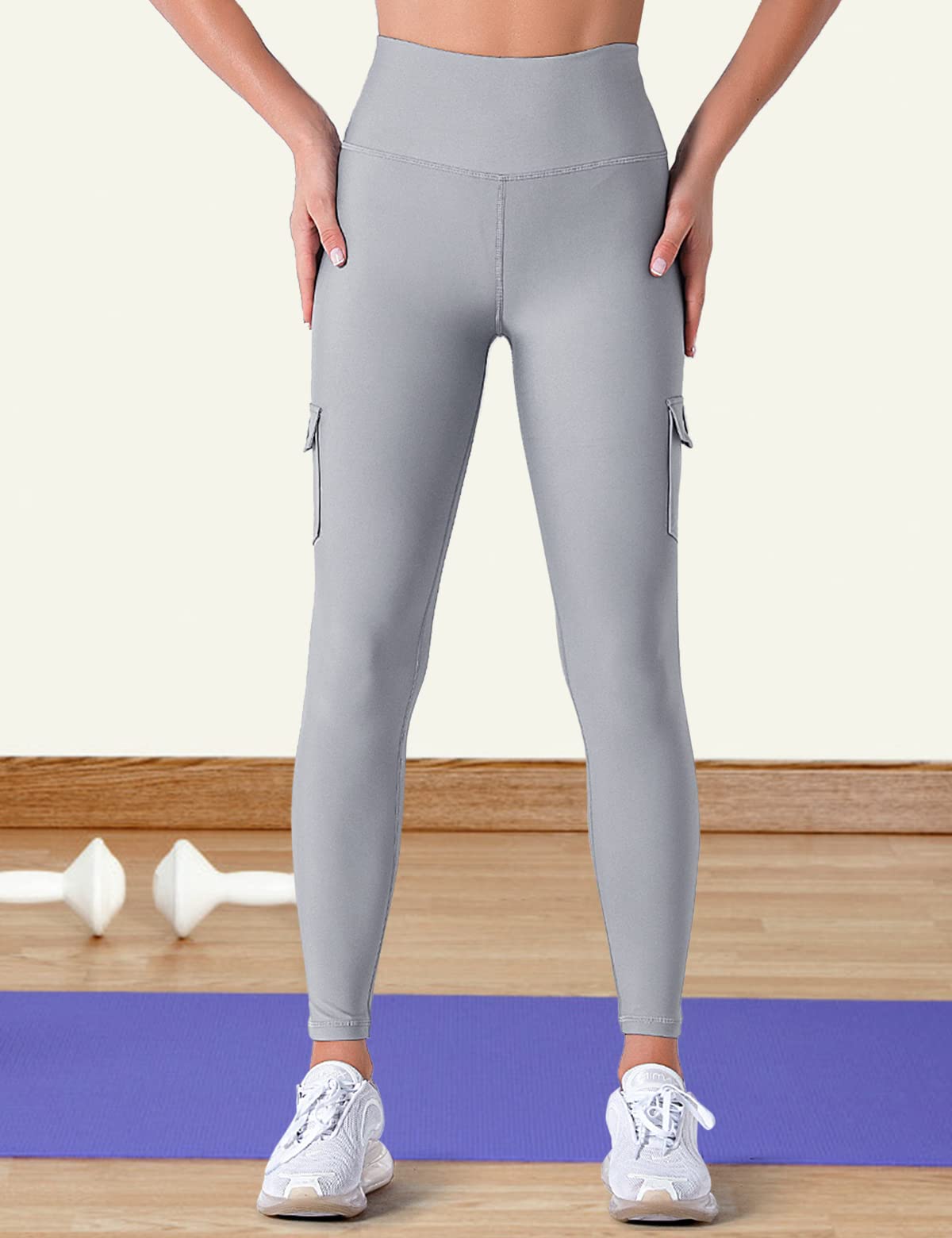 houstil Women's Yoga Pants with Pockets High Waisted Tummy Control Stretch Workout Leggings Light Grey XL