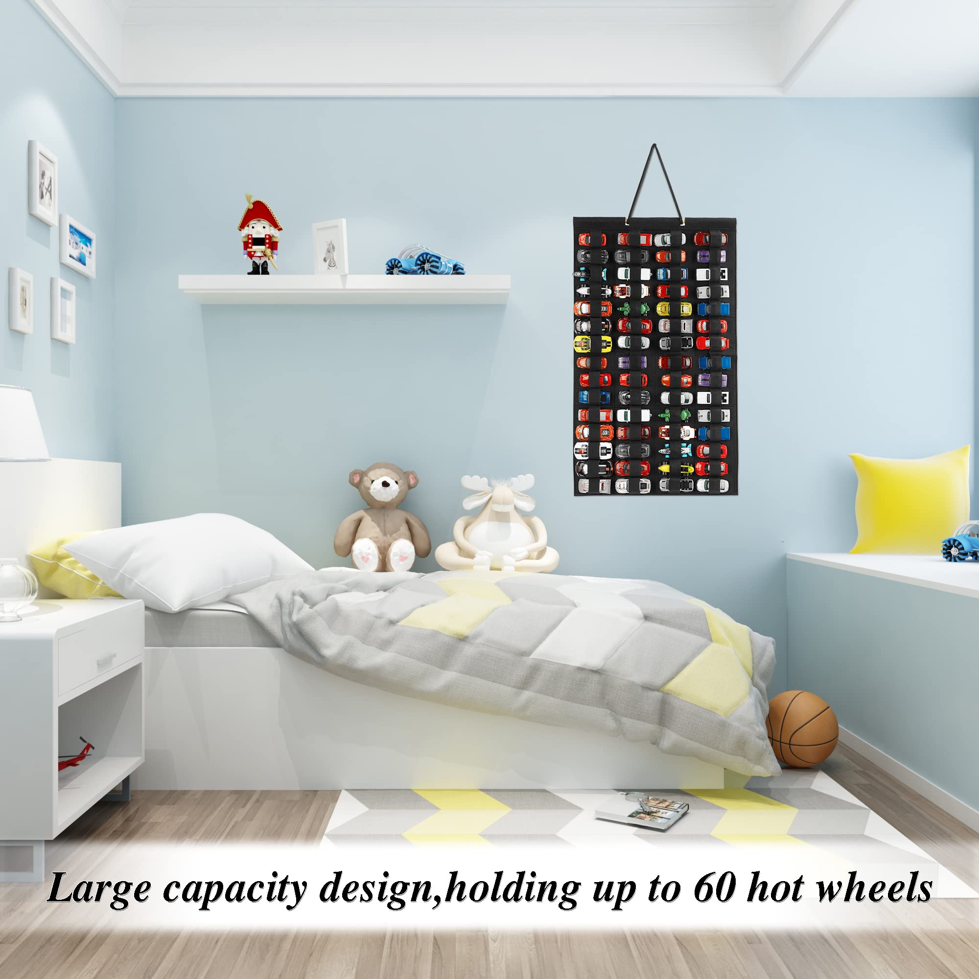 JOYMOMO Hanging Storage Organizer for Toy Cars Felt Display Case Hold Up 60 Toy Cars (Without Accessories)(Black)