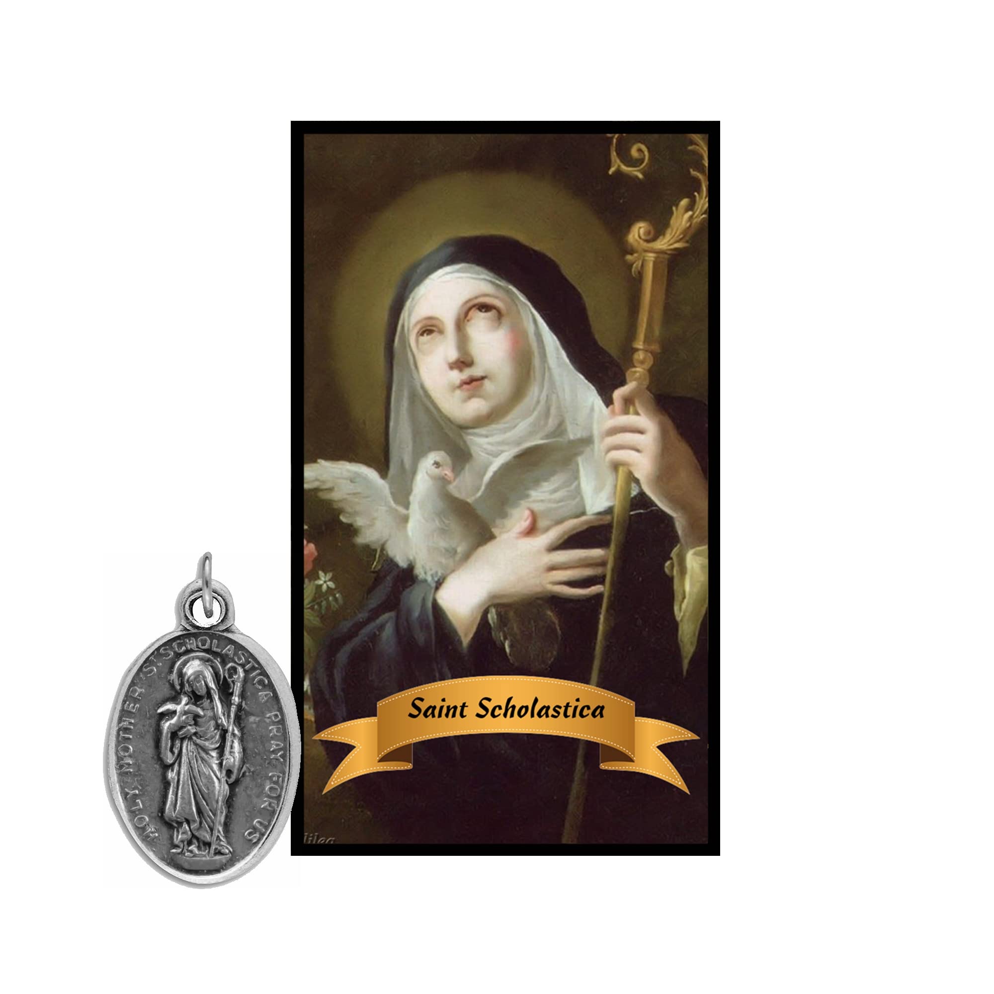Gifts by Lulee, LLC Saint Scholastica Patron Saint of Benedictine Nuns Silver Oxidized Medal Blessed Prayer Card and Set with everything (MEDAL+CARD)