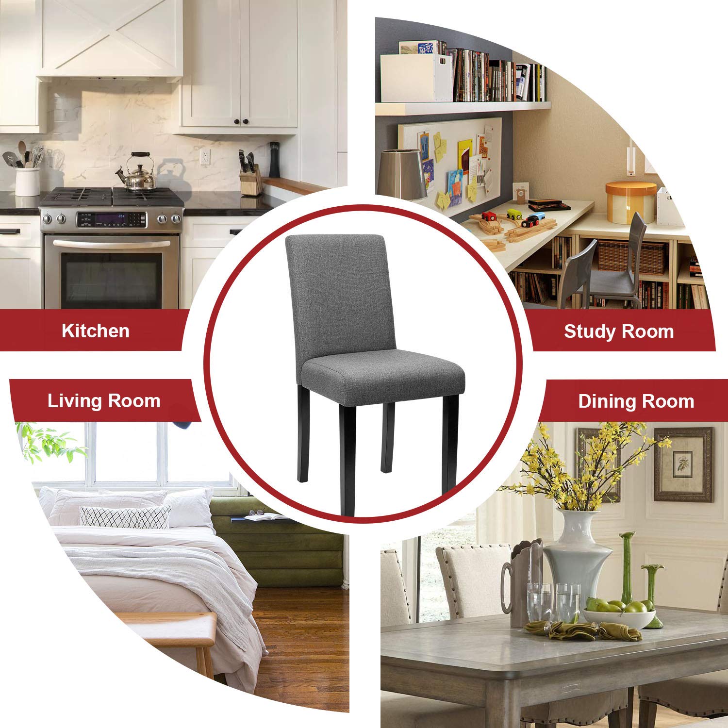 Furniwell Dining Chairs Upholstered Parson Urban Style Kitchen Living Room Side Padded Chair with Solid Wood Legs Set of 4 (Fabric, Grey)