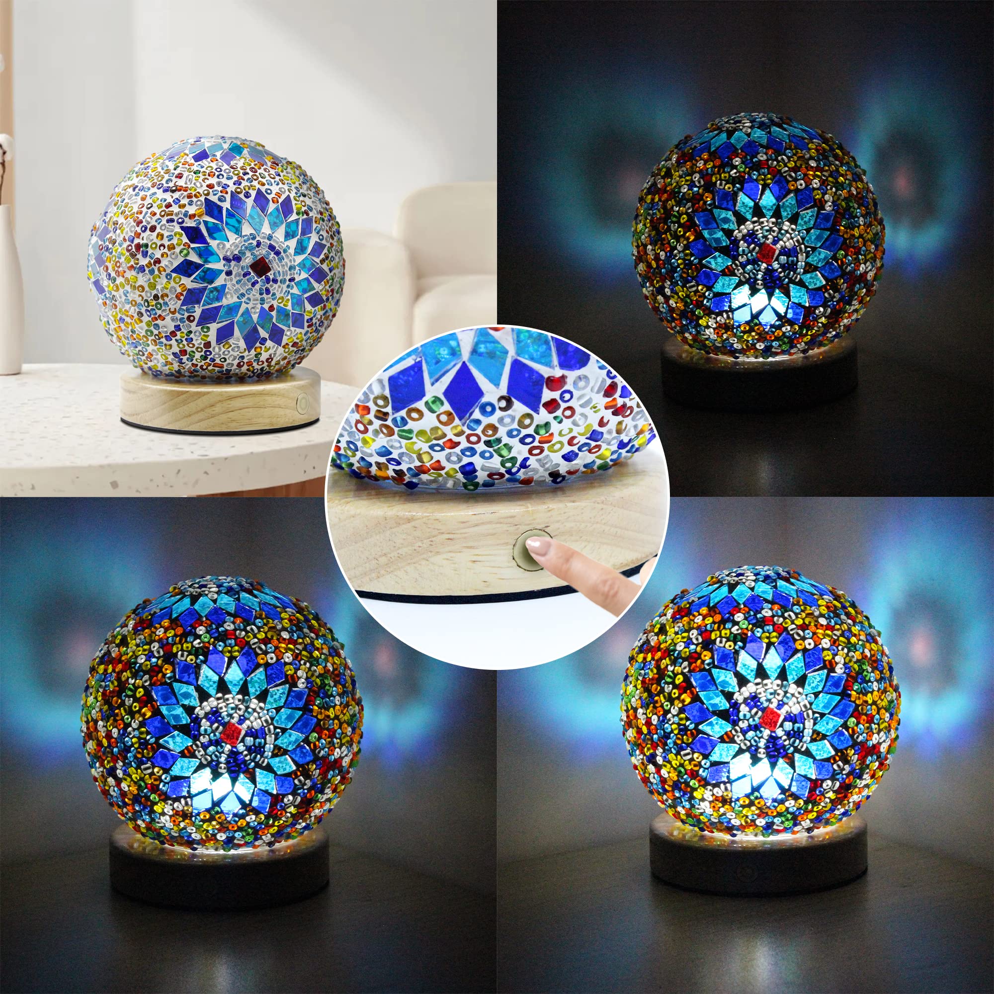 hanvate Turkish Style Handmade Night Light with Wooden BaseTurkish Table lamp with Infinitely Adjustable Brightness and USB Charging-fornightlight,Kids Room and Adult Room Bedroom Bedside Lamps