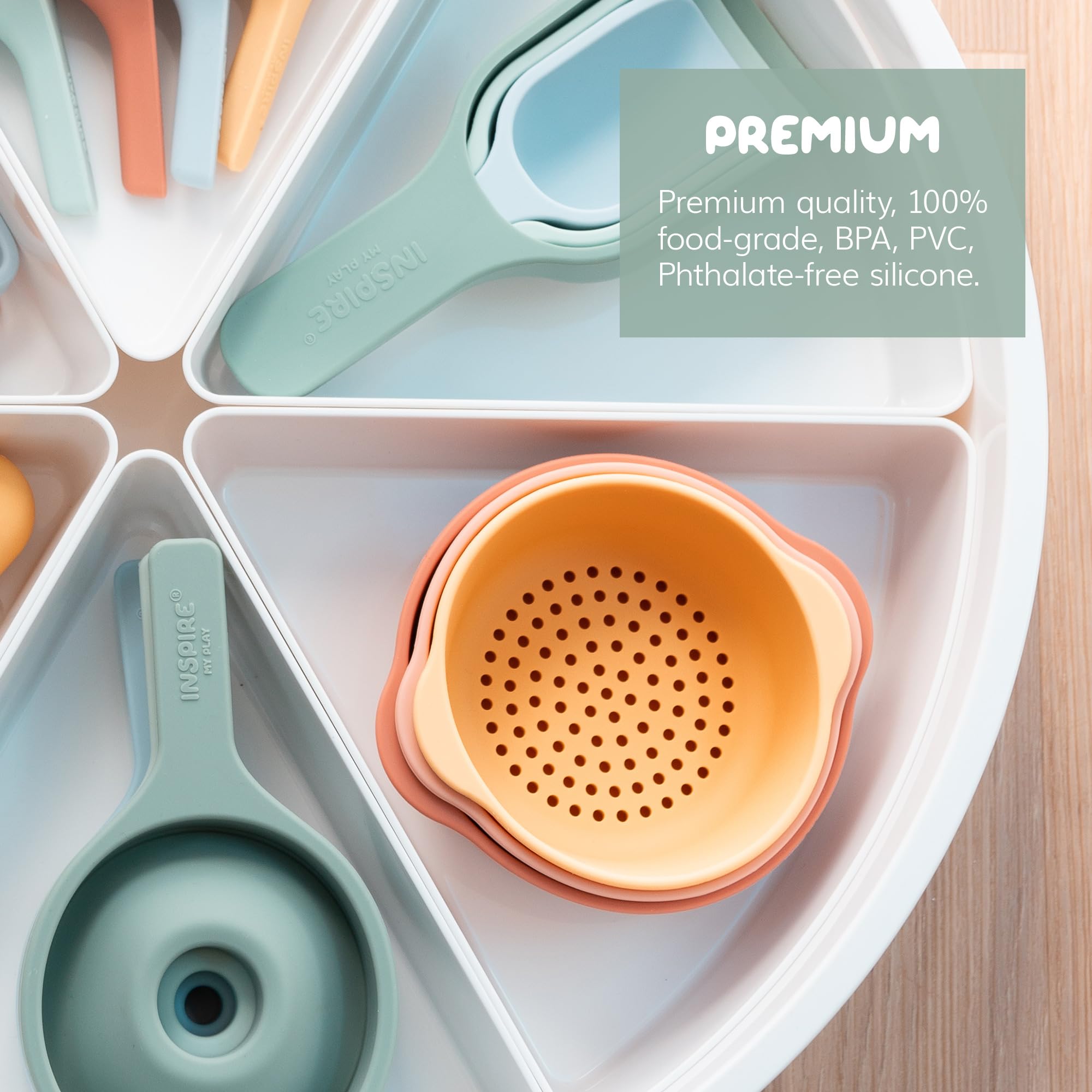 Inspire My Play - 3 x Nesting Bowls and Sieve - Perfect for Sensory PlayTray - Sensory Bin Accessories - Special Education Classroom Supplies - Montessori Education Toys - Coral