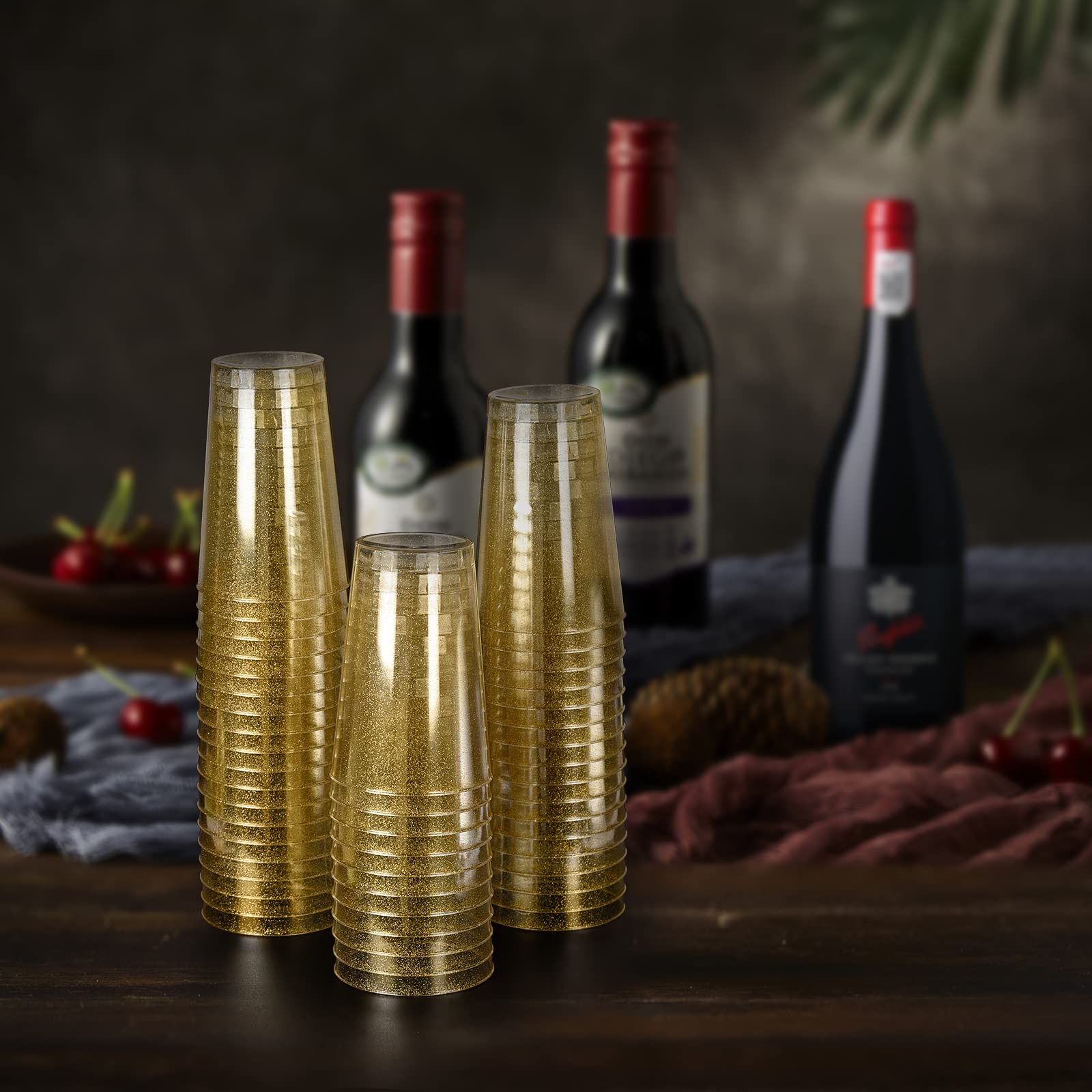 Glitter Plastic Cups Gold Glitter Disposable Cups 12 oz 100 Pack Clear Plastic Cups Recyclable Wine Glasses for Parties Elegant Plastic Party Cups Wedding Decorations