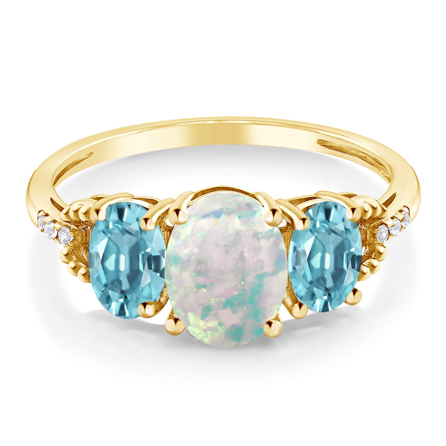 Gem Stone King 10K Yellow Gold Oval Cabochon White Simulated Opal and Blue Zircon Women Ring (2.34 Cttw) (Size 7)