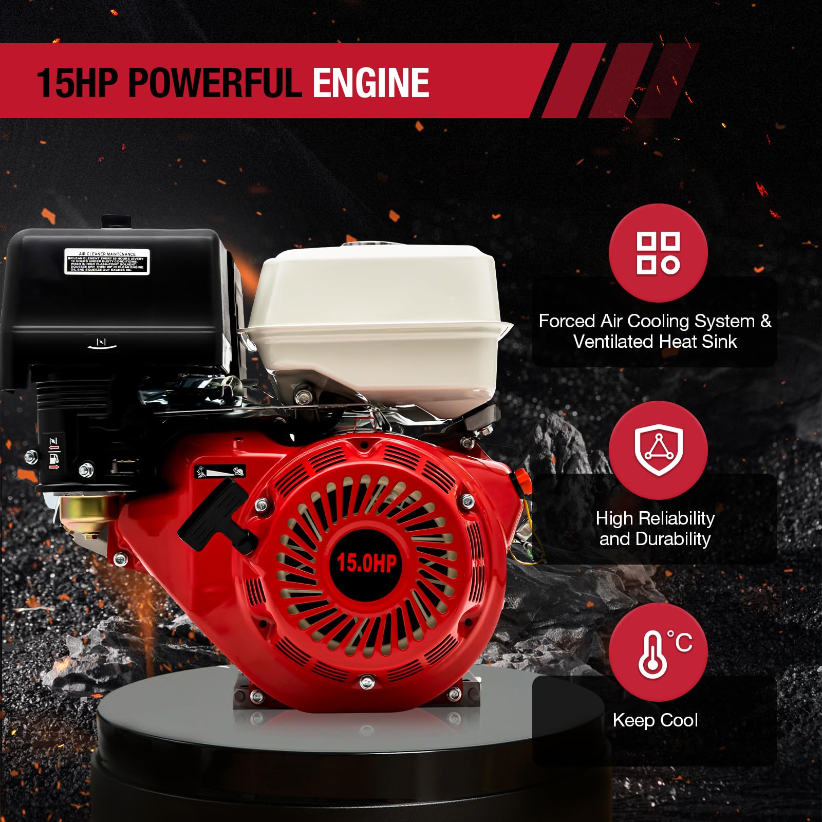 Gas Engine, 420CC 15 HP 4 Stroke Gasoline Engine OHV Horizontal Go Kart Motor Single Cylinder Air Cooling Gas Go Kart Engine FIT for Water Pumps, Vibrators, Generators (4 Stroke 15HP 420cc Red+Black)