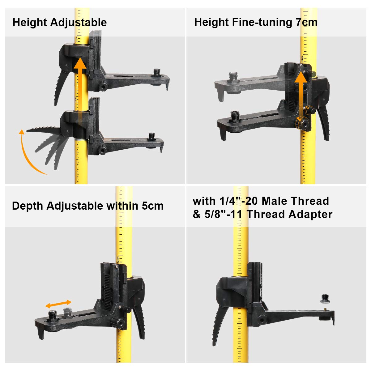 Huepar Upgraded Mounting Clamp with Clip - has 1/4"-20 Male Thread and 5/8"-11 Thread Adapter for Telescoping Pole for Rotary and Line Laser Levels, Adjustable Bracket LP36M-S