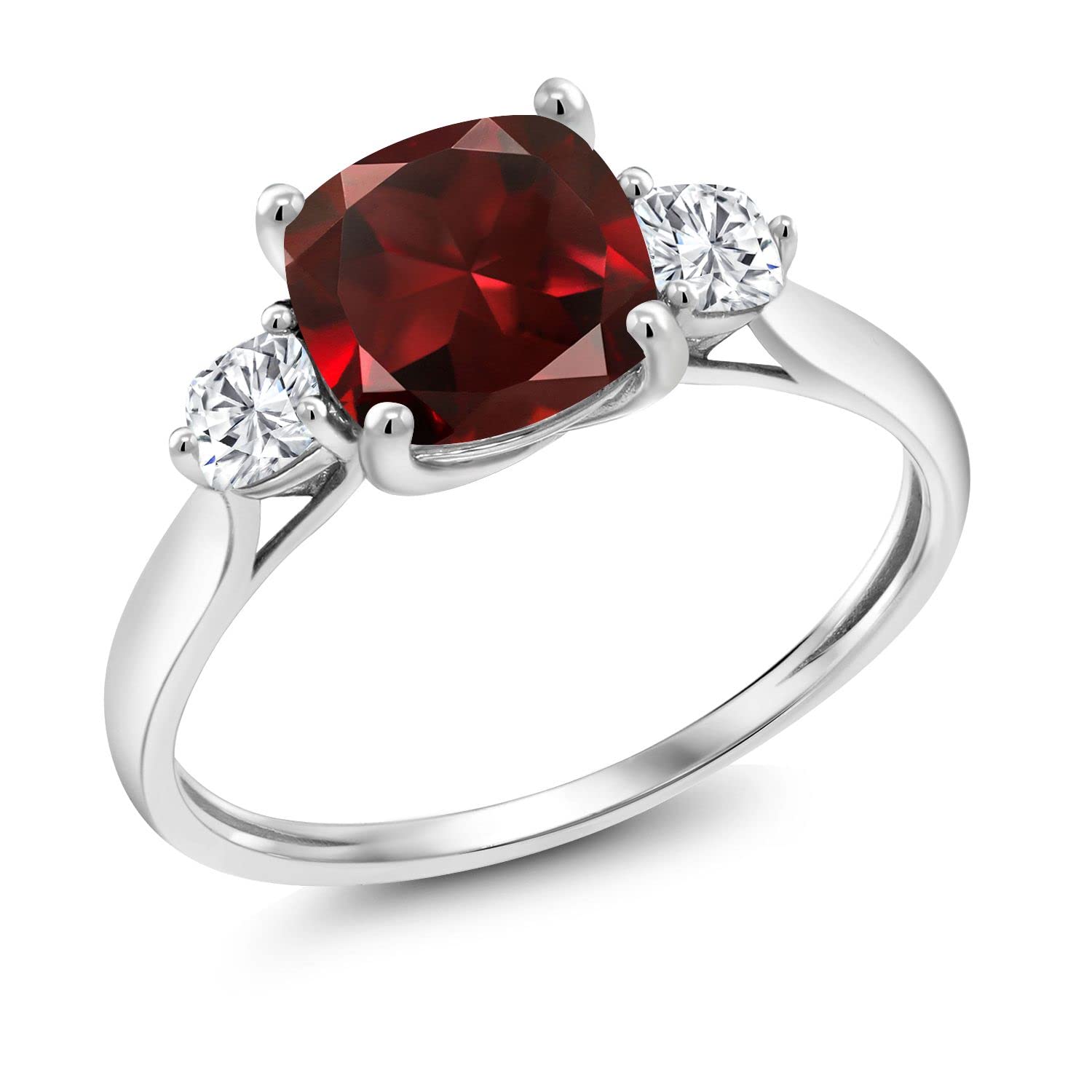 Gem Stone King 10K White Gold Red Garnet and White Moissanite 3 Stone Engagement Ring For Women (2.11 Cttw, Cushion 7MM, Gemstone January Birthstone) (Size 5)
