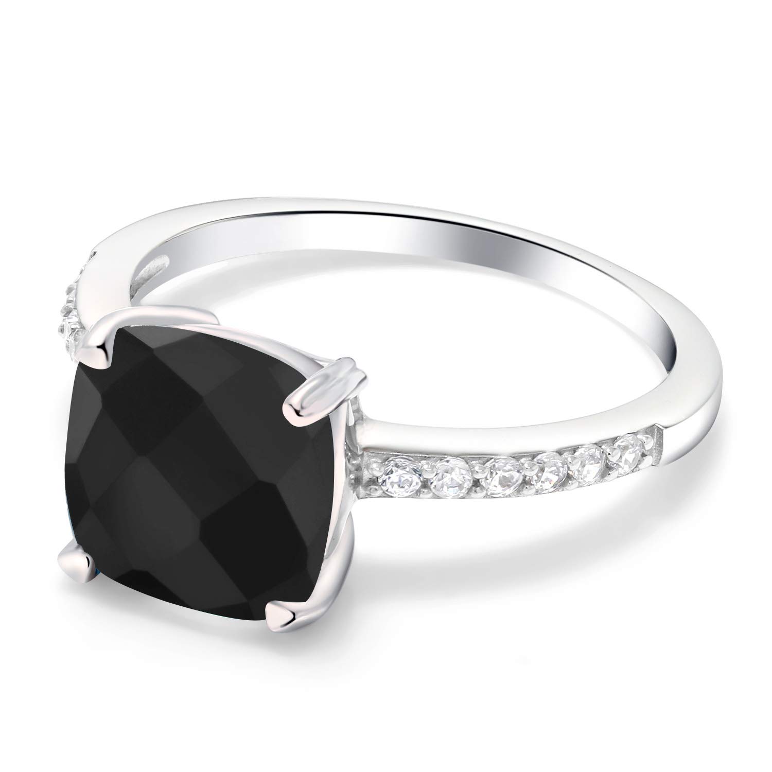 Gem Stone King 925 Sterling Silver Cushion Checkerboard Black Onyx Ring For Women (2.23 Cttw, Gemstone Birthstone, Available In Size 5, 6, 7, 8, 9)