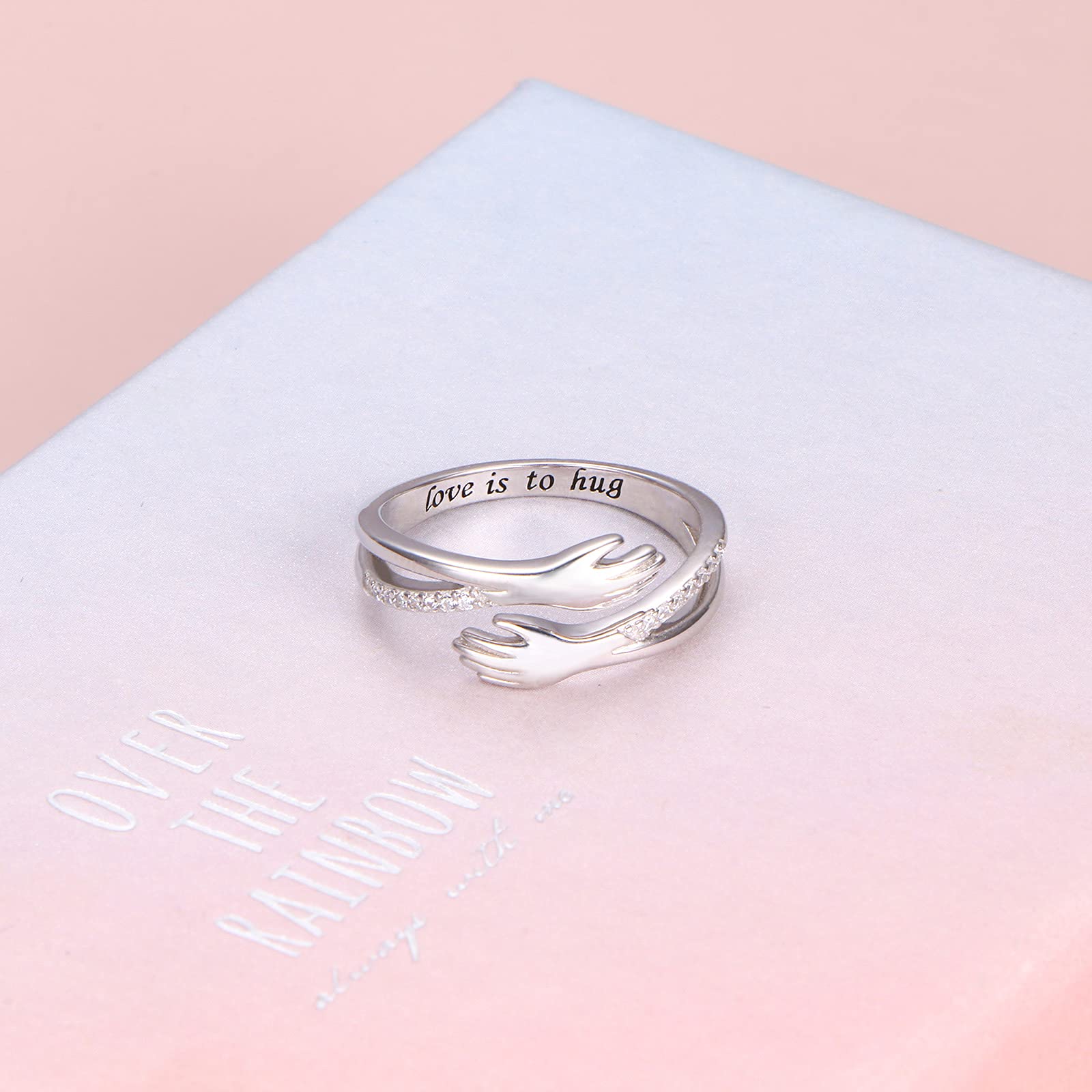 Hug Ring, 925 Sterling Silver Hugging Hands CZ Open Ring Engraved Love is to Hug Embrace Statement Promise Anniversary Ring, US Size: 5