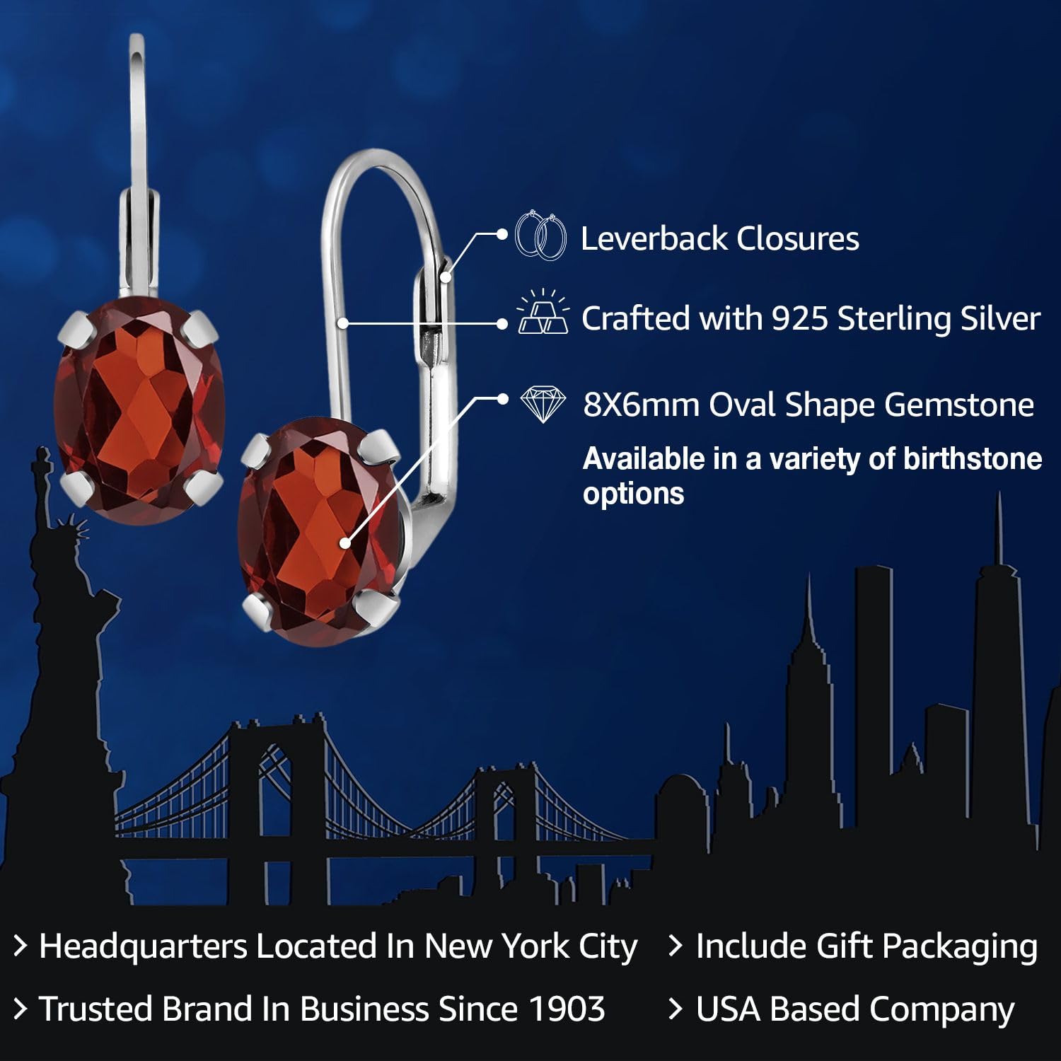 Gem Stone King 925 Sterling Silver Genuine Gemstone Birthstone Leverback Earrings | Oval 8X6MM Drop Dangle Earrings for Women