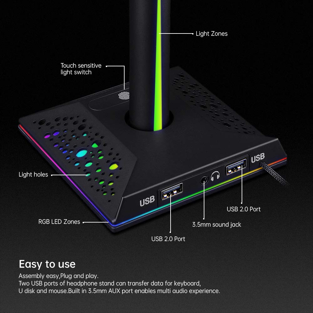 HOWLIWO RGB Stand for Gaming Headphone Headset, with 2 USB 2.0 Ports and 3.5mm AUX Port, Desk PC Game Earphone Accessories.