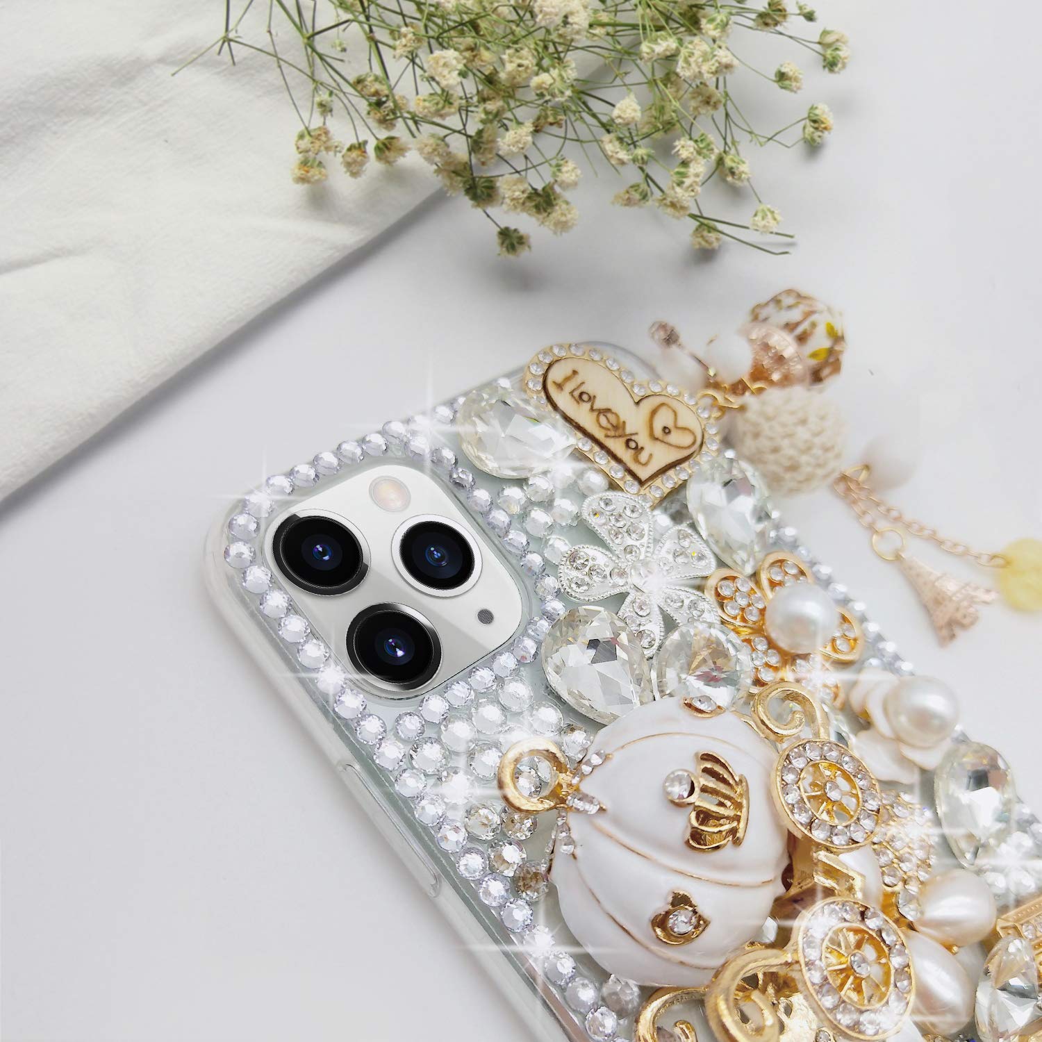 Guppy for iPhone 11 Pro Max Case Women Luxury 3D Bling Shiny Rhinestone Diamond Crystal Pearl Handmade Pendant Iron Tower Pumpkin Car Flowers Soft Protective Anti-Fall Case for iPhone 11 Pro Max