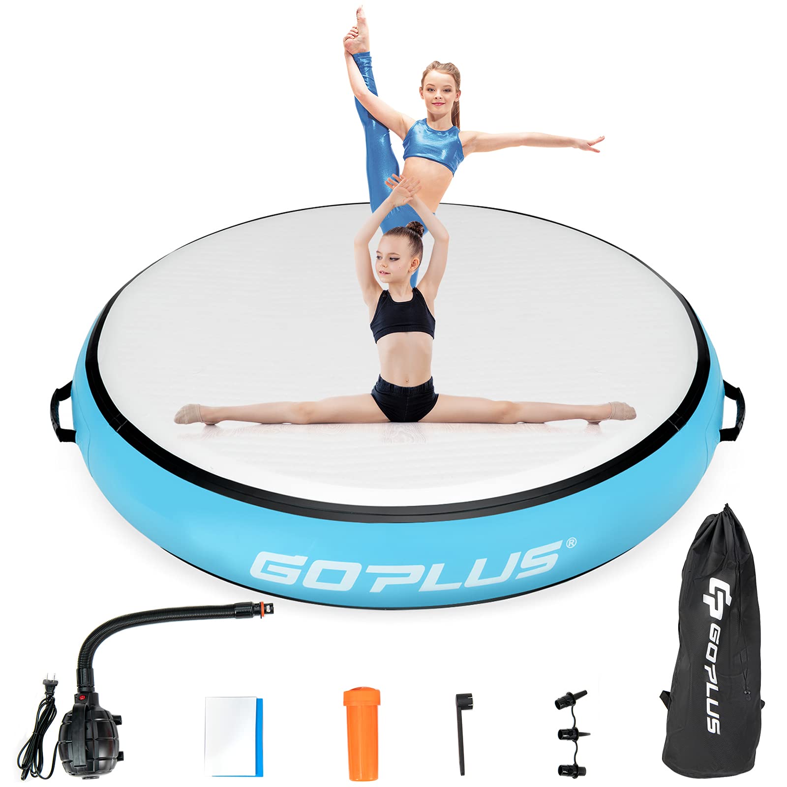 Goplus Inflatable Round Gymnastic Mat, 8” Thick Air Roller Tumbling Exercise Training Mat with Electric Air Pump, Waterproof Durable Air Spot Air Mat Set Yoga Floor Mat for Home Gym School (Blue)