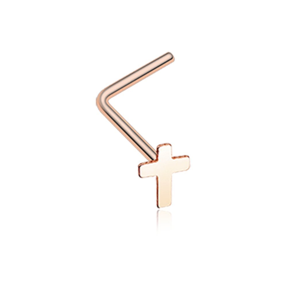 Freedom Fashion Dainty Cross Icon L-Shaped 316L Surgical Steel Nose Stud Ring (Sold Individually) (20 GA, 9/32", Rose Gold)
