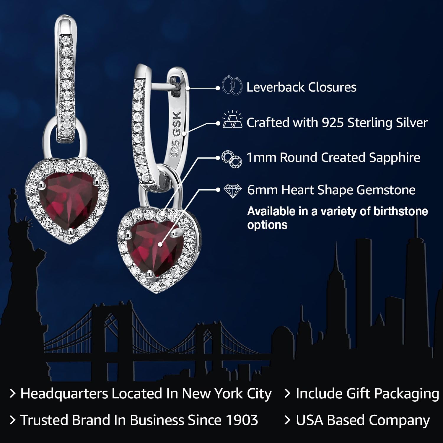 Gem Stone King 925 Sterling Silver Heart Gemstone Birthstone and White Created Sapphire Earrings | Heart Shape 6MM | Drop Dangle Earrings for Women