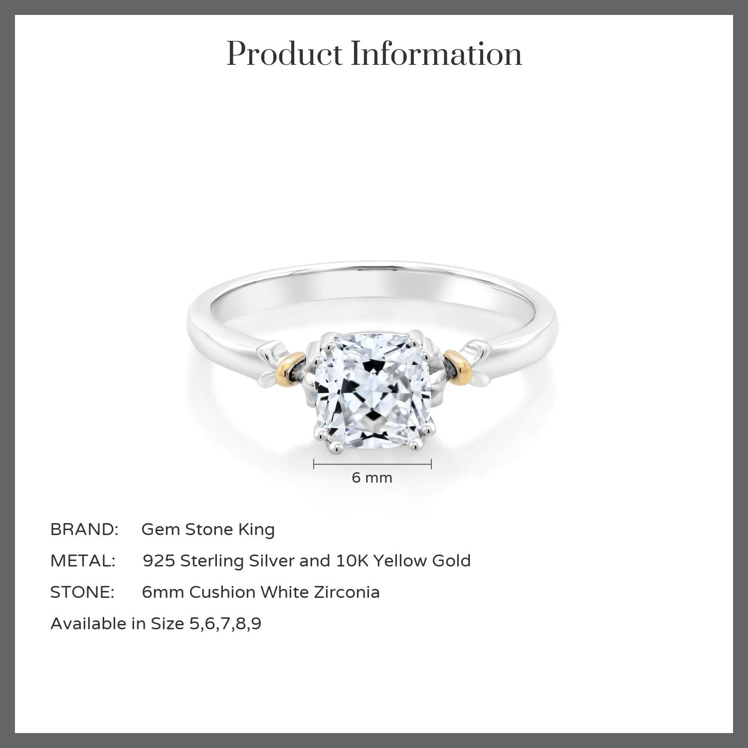 Gem Stone King 925 Sterling Silver and 10K Yellow Gold 6MM Cushion Cut Gemstone Birthstone Engagement Ring | Wedding Anniversary Promise Ring For Women | Available In Size 5, 6, 7, 8, 9