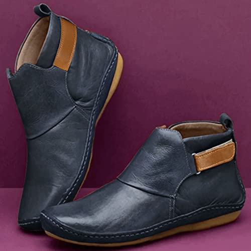 Gyouanime Comfortable Chelseas Boots Shoes 2 Ankle Loop Women's Hook Flat Comfortable Womens Boots No Heel Size 9.5 Blue