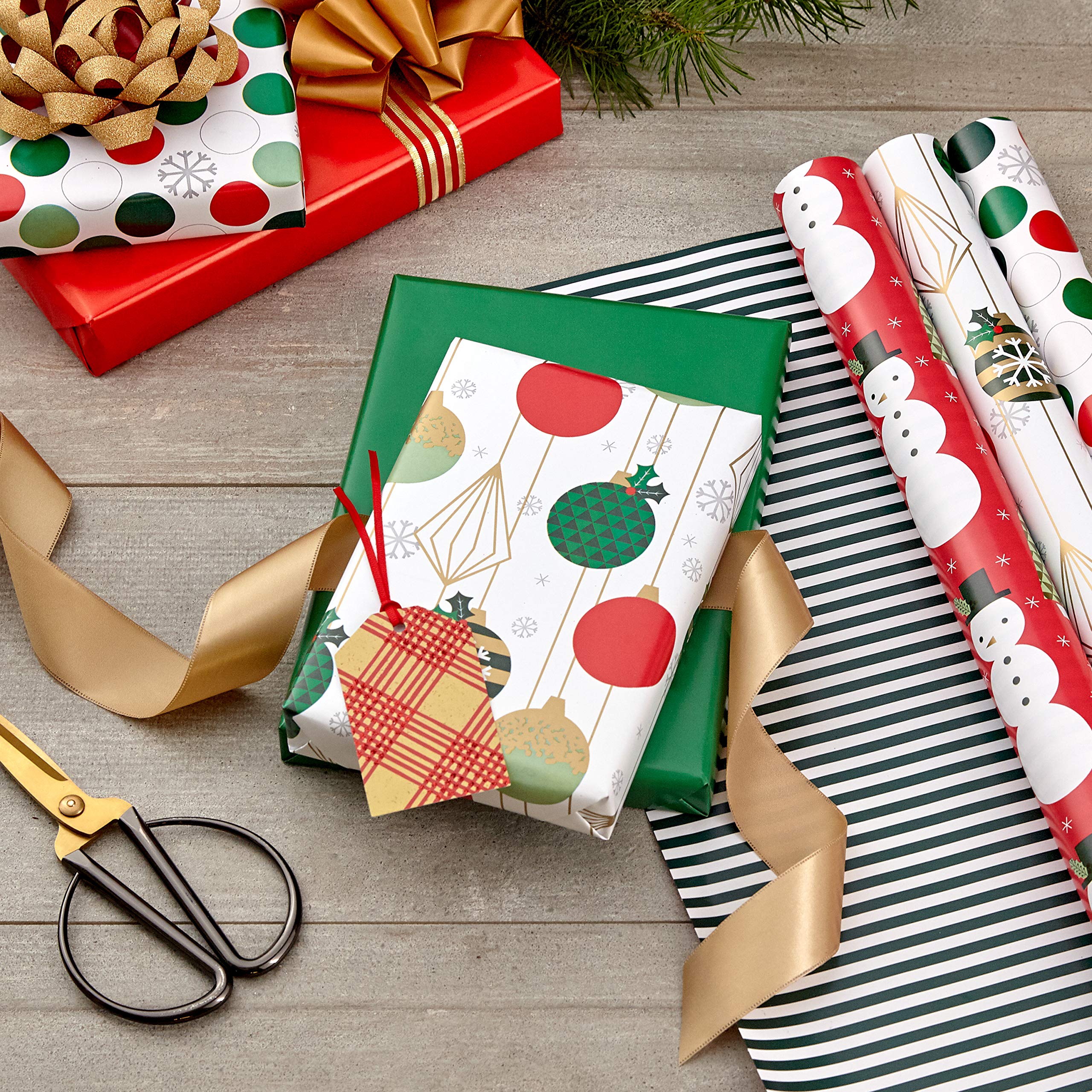 Hallmark Reversible Christmas Paper (3 Rolls: 120 sq ft TTL) Retro Ornaments, Stripes Gift Wrap, Tri-Pack, Elevated Geometric