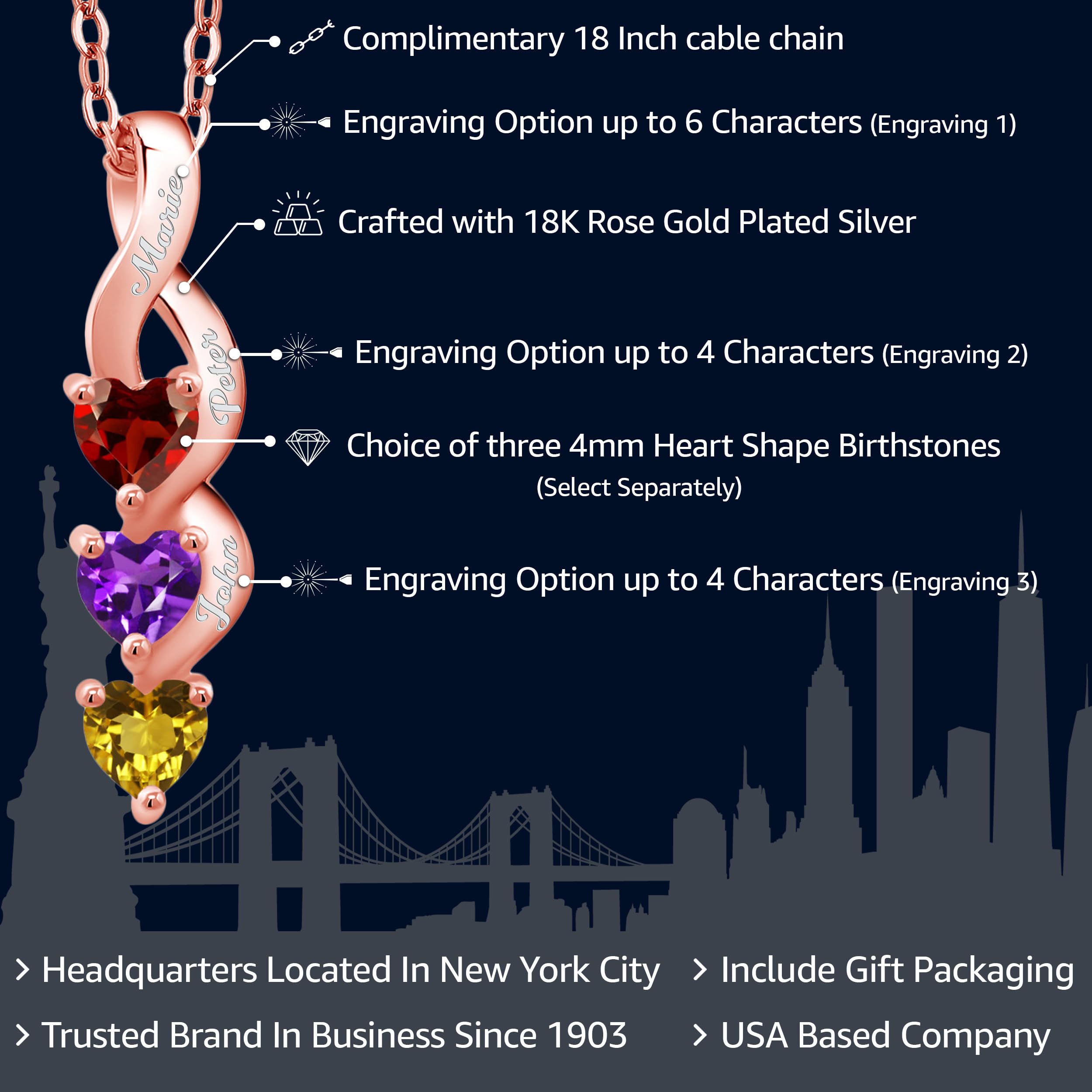 Gem Stone King 18K Rose Gold Plated Silver 4MM Heart Gemstone Birthstone Three Stone Pendant Necklace For Women with 18 Inch Silver Chain