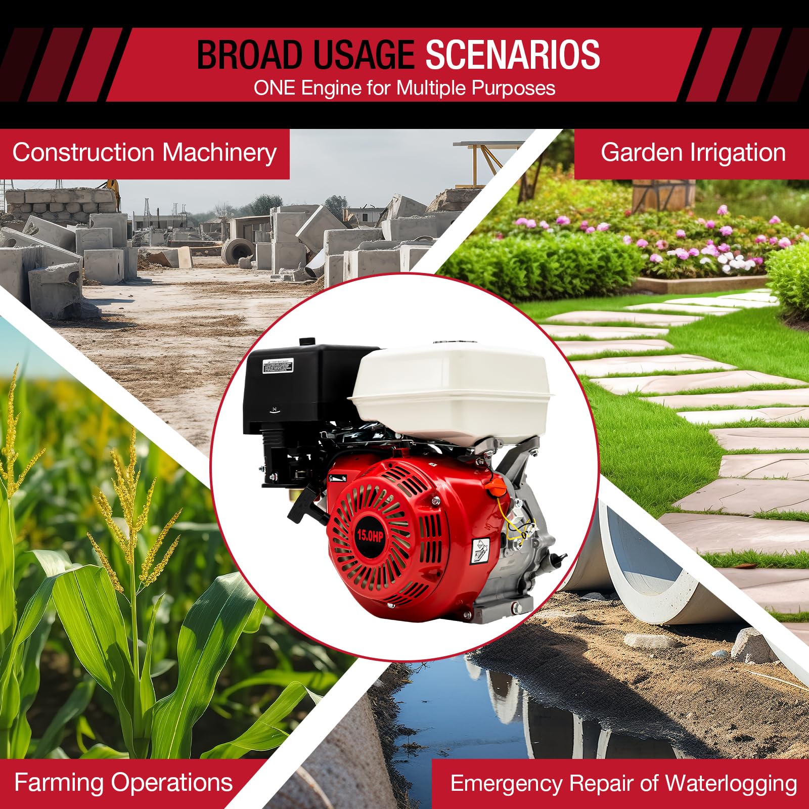 Gas Engine, 420CC 15 HP 4 Stroke Gasoline Engine OHV Horizontal Go Kart Motor Single Cylinder Air Cooling Gas Go Kart Engine FIT for Water Pumps, Vibrators, Generators (4 Stroke 15HP 420cc Red+Black)