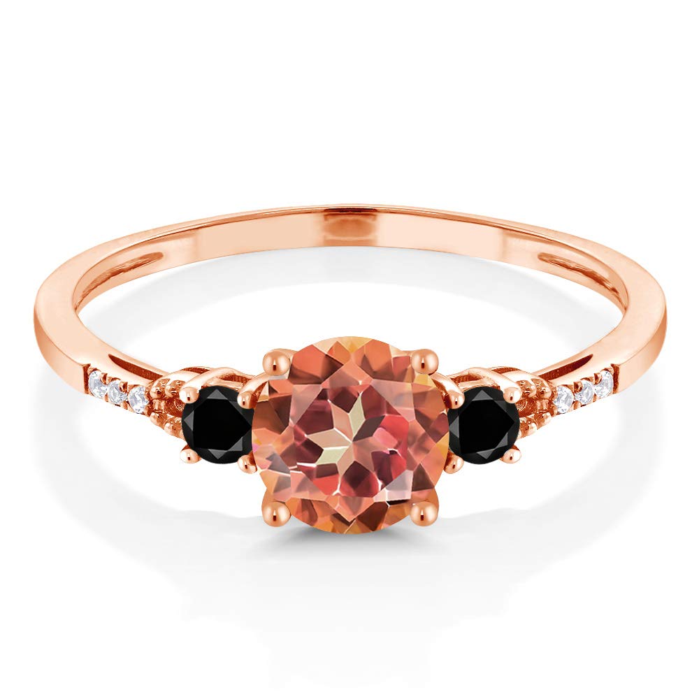 Gem Stone King 10K Rose Gold Ecstasy Mystic Topaz Black Diamond and White Diamond Accent 3-Stone Engagement Ring For Women (1.17 Cttw, Round 6MM, Gemstone November Birthstone, Size 9)