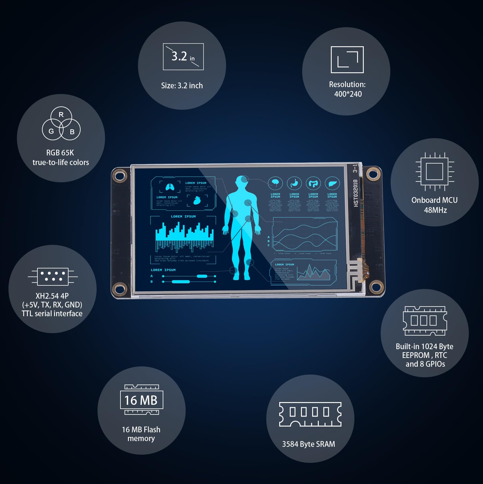 Nextion 3.2″ HMI Display Enhanced Series NX4024K032 Resistive LCD-TFT Touch Screen 400 * 240, Nextion Display with RTC Function and 8 Digital GPIOs, Suitable for Racing Dashboard, MMDVM, etc.
