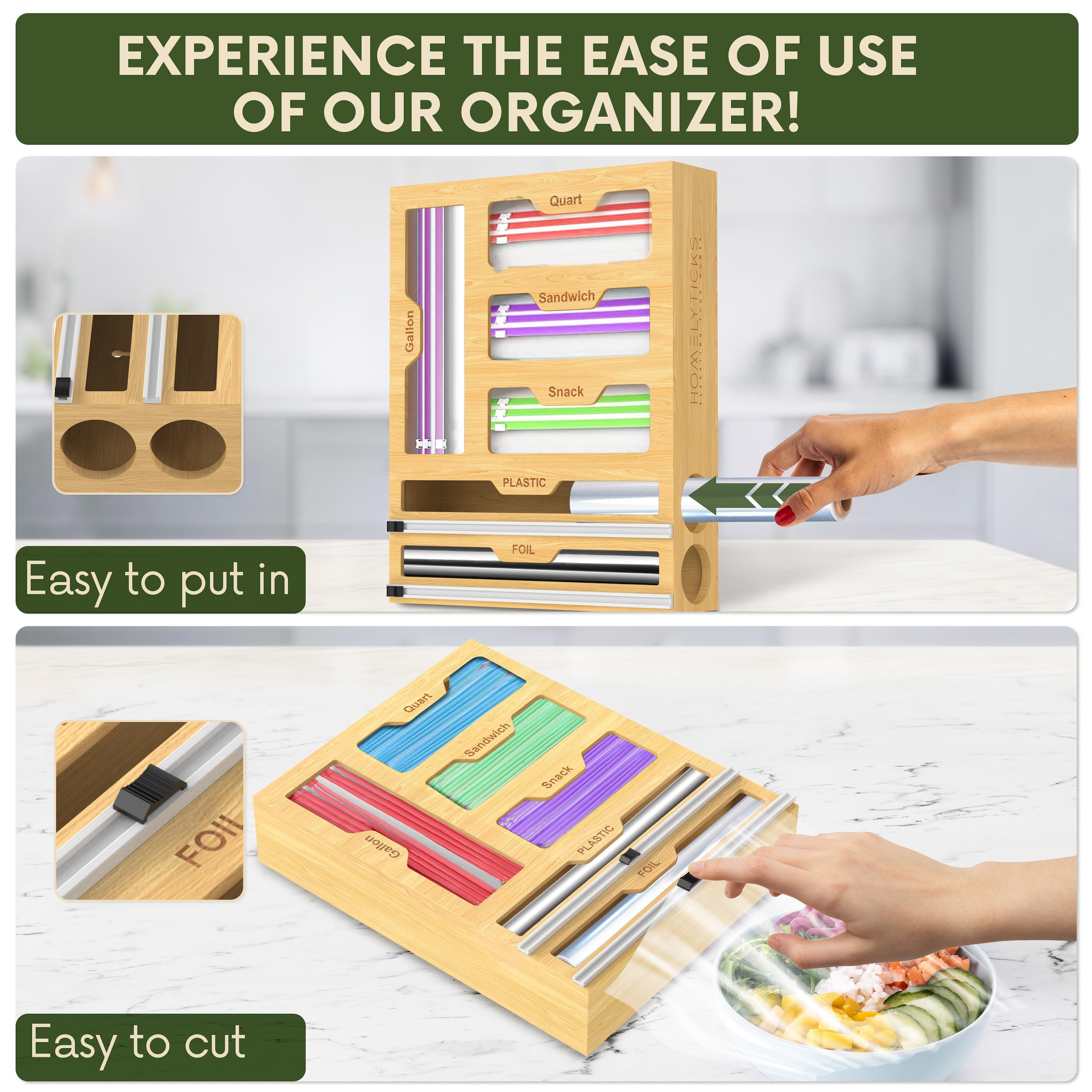 HOMELYTICKS Bamboo Storage Bag Organizer & Plastic Wrap Dispenser with Cutter -6-in-1 Kitchen Drawer Organizer for Foil and Plastic Wrap, Food Storage Bag Organizer - Sandwich, Quart, Gallon & Snack