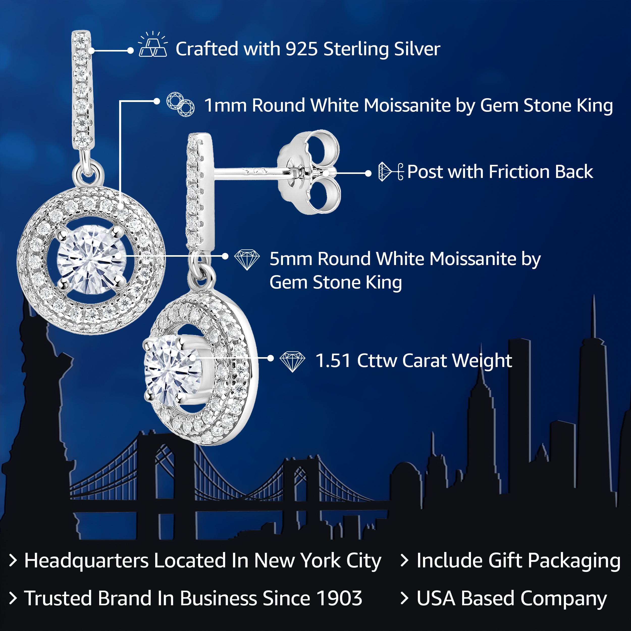 Gem Stone King 925 Sterling Silver White Moissanite Dangle Earrings For Women (1.51 Cttw, Round 5MM)