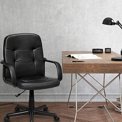 Home Office Furniture Decor Executive Computer Black Swivel Chair Ergonomic Mid-Back Comfortable and Relax Adjustable Seat Height Heavy Duty Chrome Base Soft PU Leather Breathable Sponge Cushion