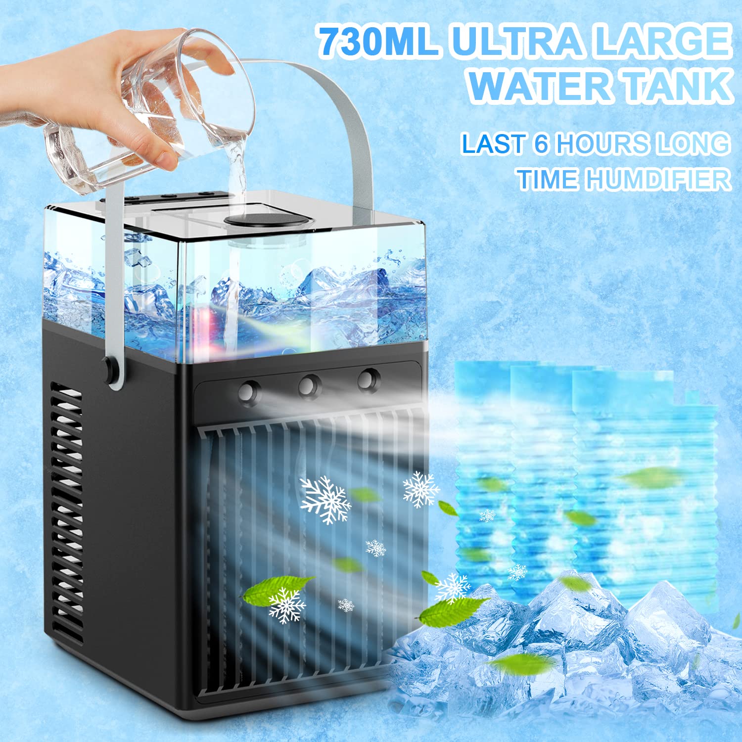 GROMOO Desktop Air Cooler Fan, 4 in1 Personal Mini Air Conditioner Air Cooler, Small Air Conditioner Evaporative Cooler with Handle, LED Light, Quiet Portable Cooler Personal AC Humidifier for Office